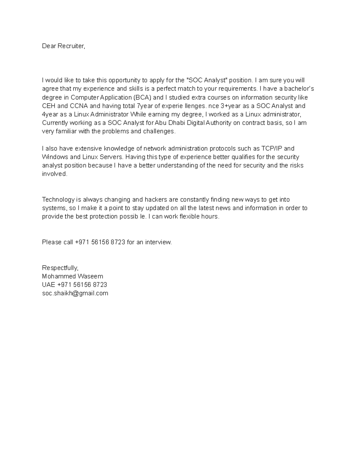 Cover-Letter - None - Dear Recruiter, I would like to take this ...