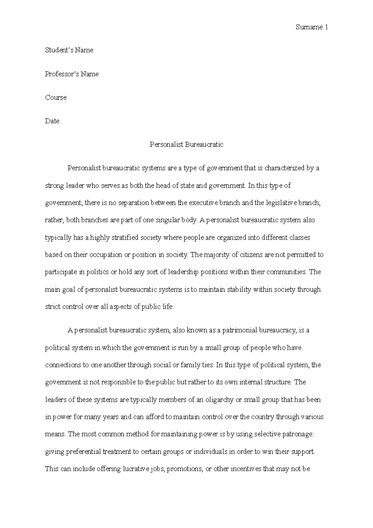 Personalist Bureaucratic - Surname 1 Student’s Name Professor’s Name ...