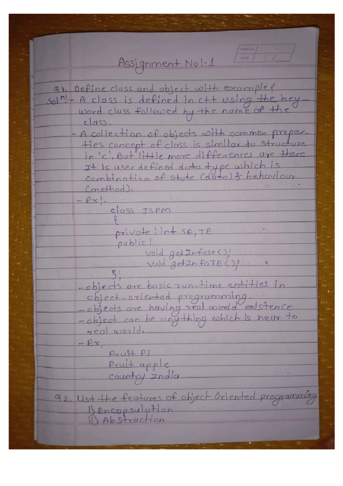Oop Assignment Refer Page No Assignment No Date Q1 Define Class And Object With Exampler A