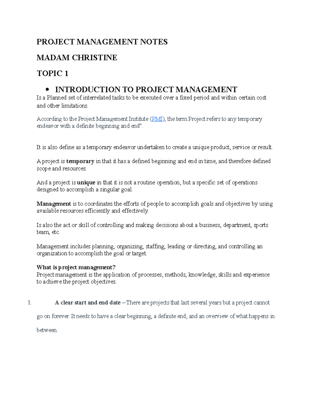 Project mgmt - PROJECT MANAGEMENT NOTES MADAM CHRISTINE TOPIC 1 ...
