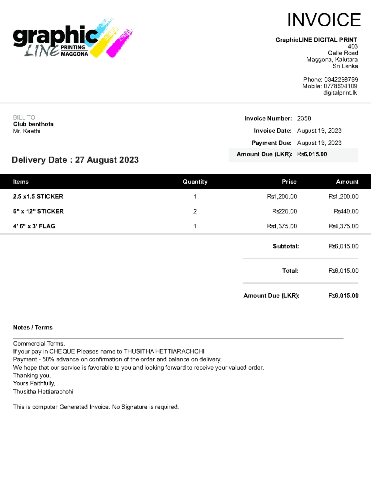 Invoicef - gsrf - GraphicLINE DIGITAL PRINT 403 Galle Road Maggona ...