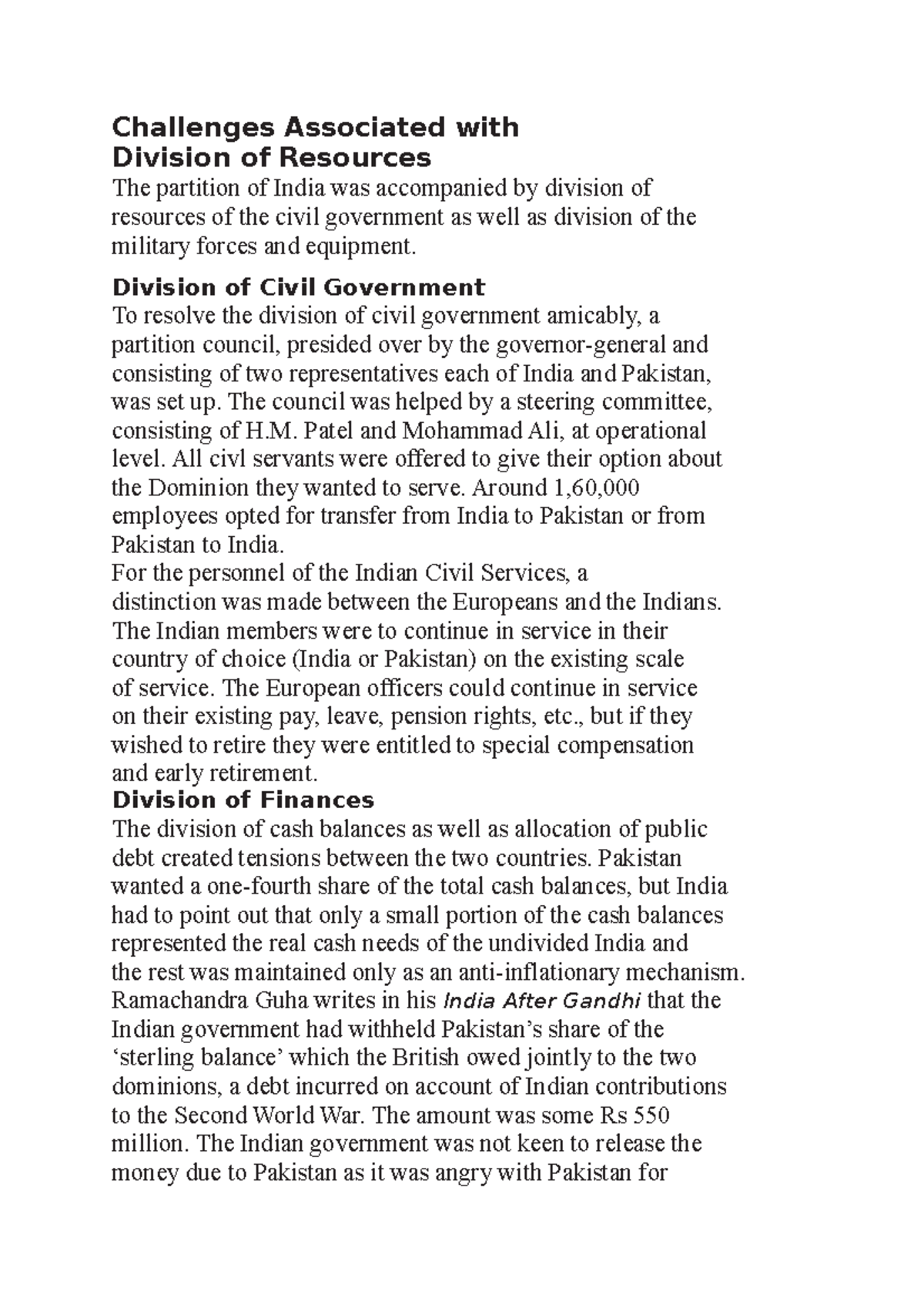 Challenges associated with division of resources post independence ...