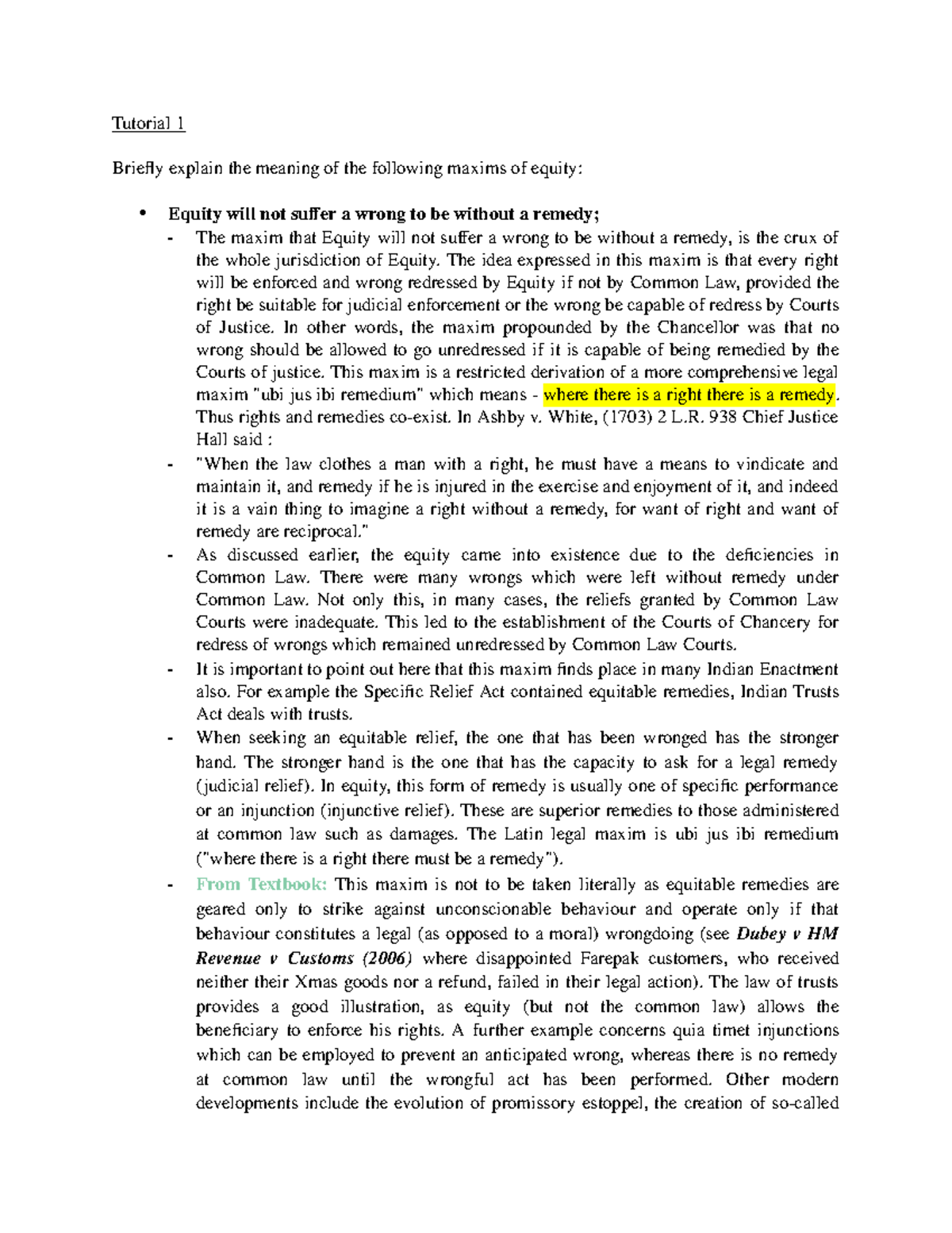 Equity Tutorial 1 - Tutorial 1 Briefly explain the meaning of the ...