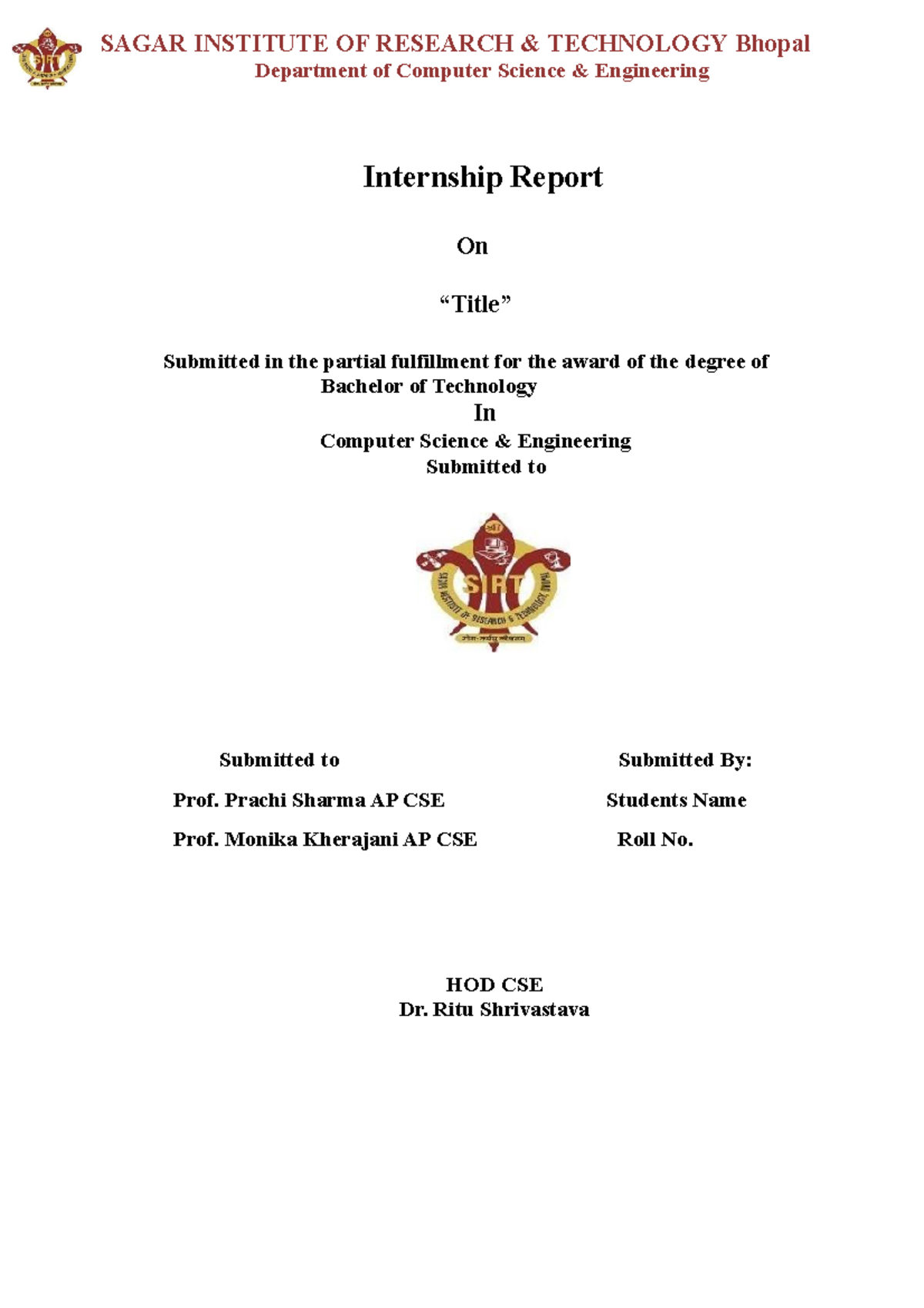 Internship Format 5TH SEM - Internship Report On “Title” Submitted in ...
