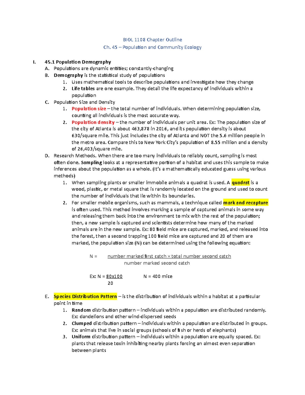 Ch 45 Population and Community Ecology Notes - BIOL 1108 Chapter ...