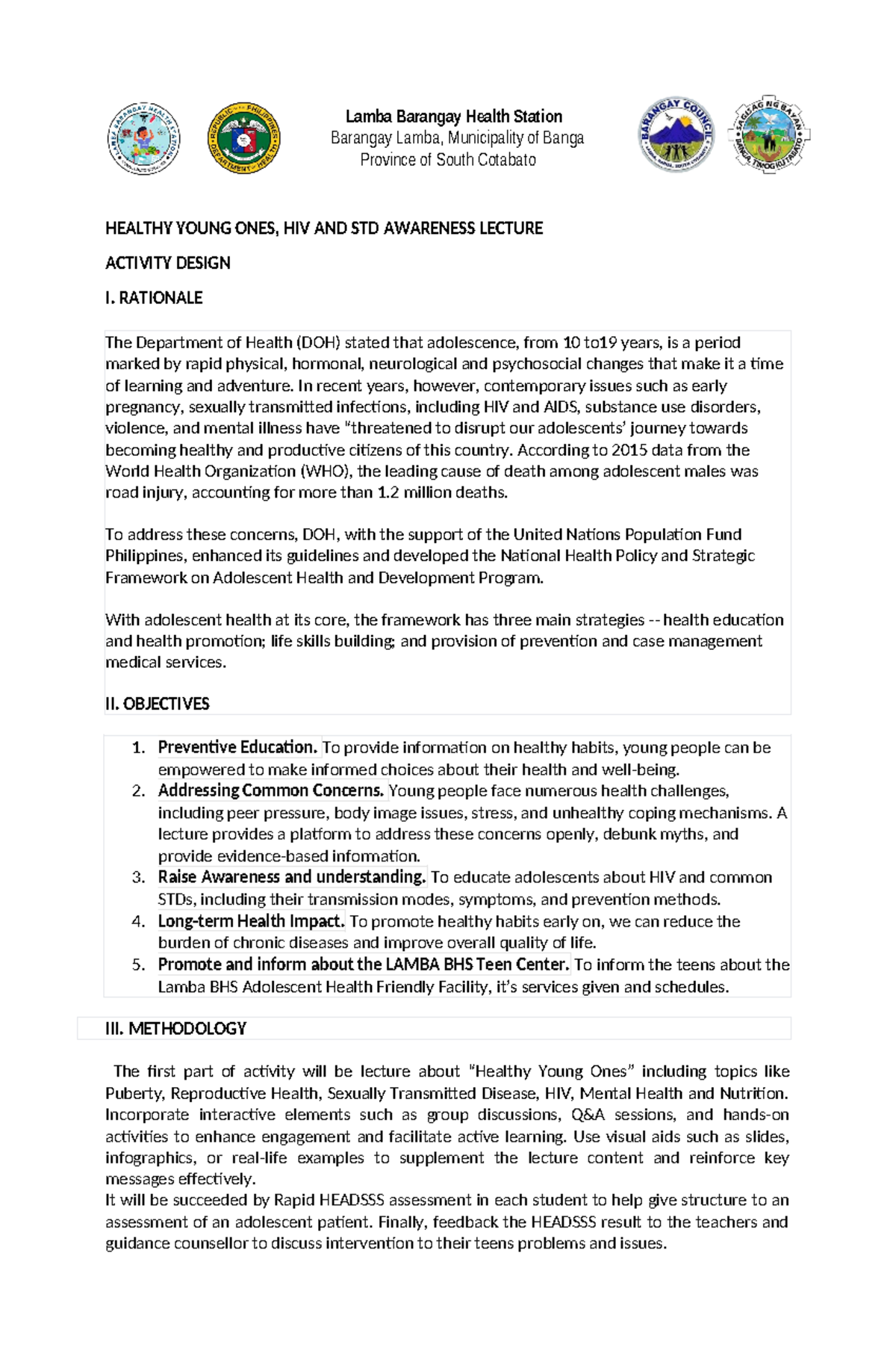 Activity Design - Lamba Barangay Health Station Barangay Lamba ...