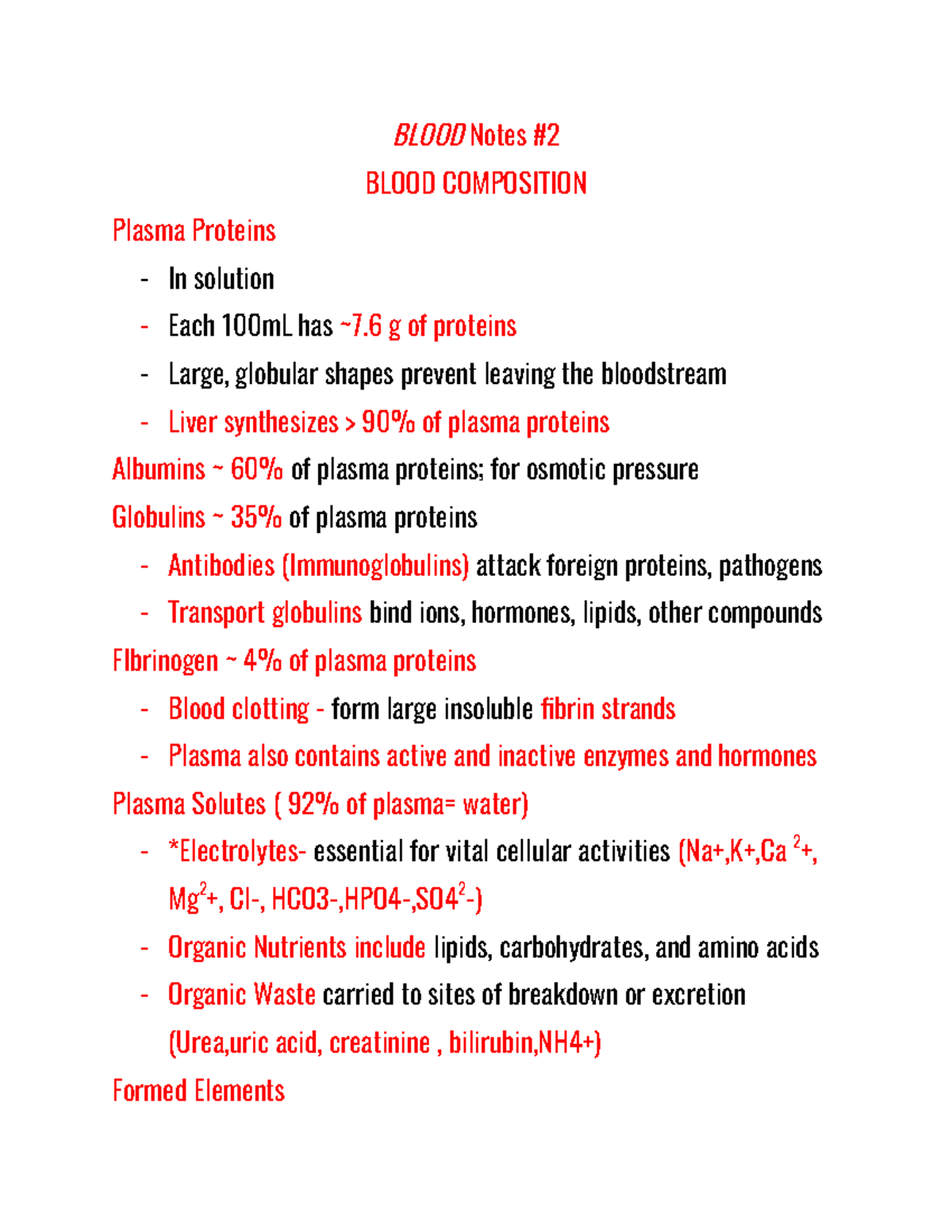 Blood Notes #2 - BLOOD Notes BLOOD COMPOSITION Plasma Proteins - In ...