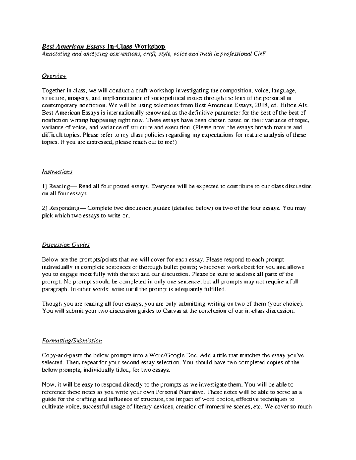 The Trick English Guidlines - Best American Essays In-Class Workshop ...