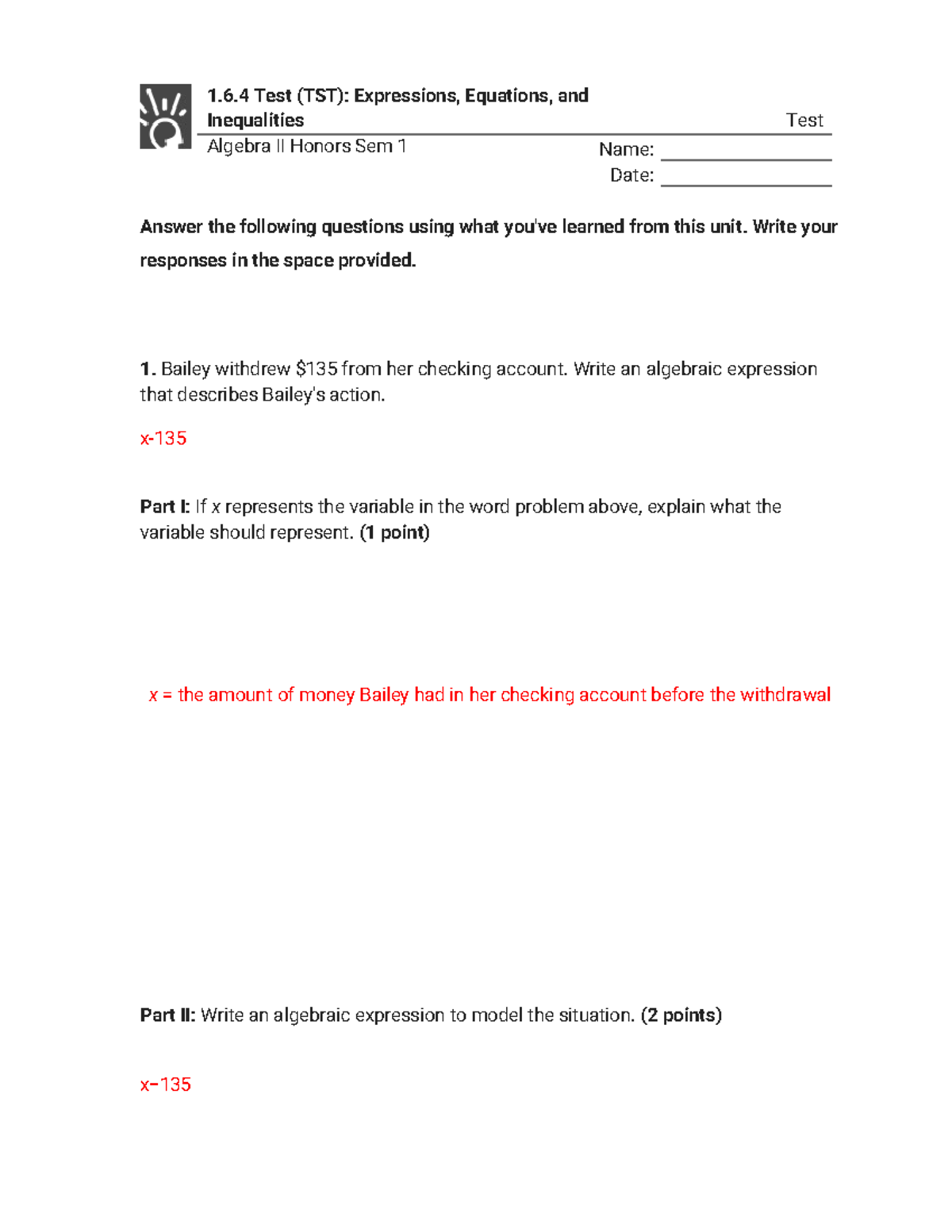 1.6.4 Test (TST) - Expressions, Equations, and Inequalities (Test) - 1. ...