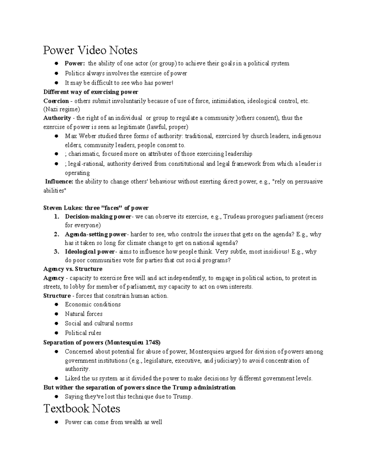 PO101 lecture notes - Power Video Notes Power: the ability of one actor ...