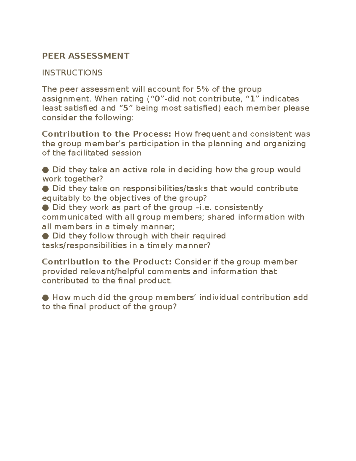 Peer assessment form (1) - PEER ASSESSMENT INSTRUCTIONS The peer ...