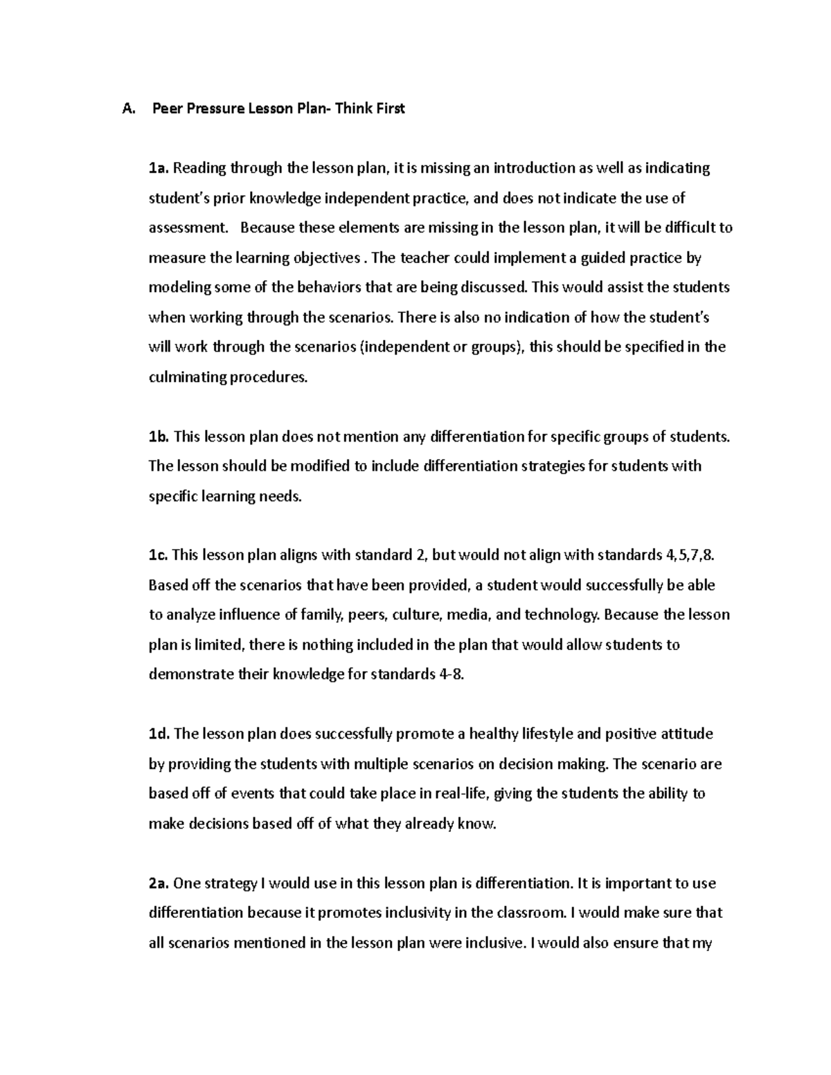 Task 1 - Passed - A. Peer Pressure Lesson Plan- Think First 1a. Reading ...