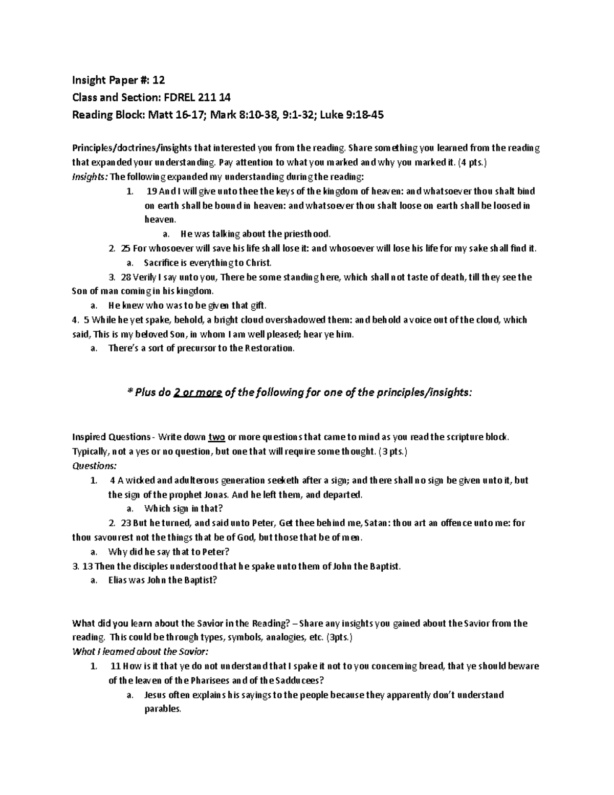 12 Insight Paper - For the class of Brother Parker. - Insight Paper ...