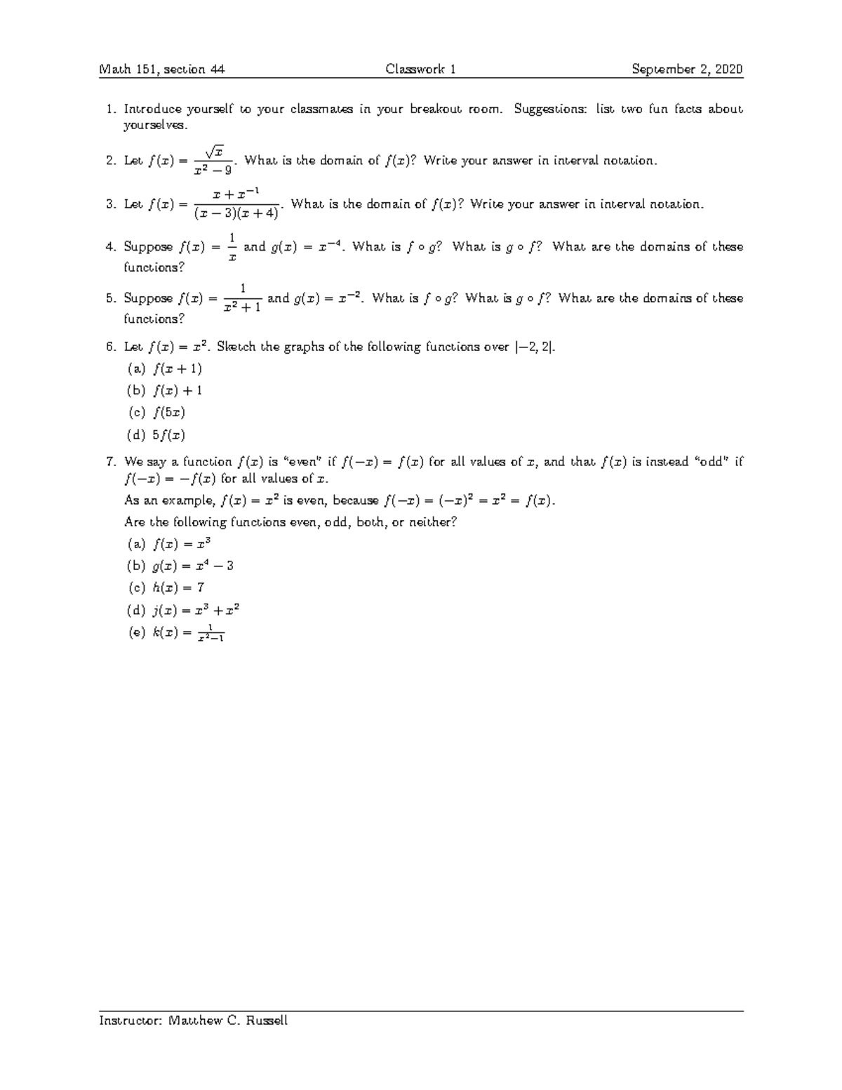151 CW1 fall 2020 - stuff - Math 151, section 44 Classwork 1 September ...