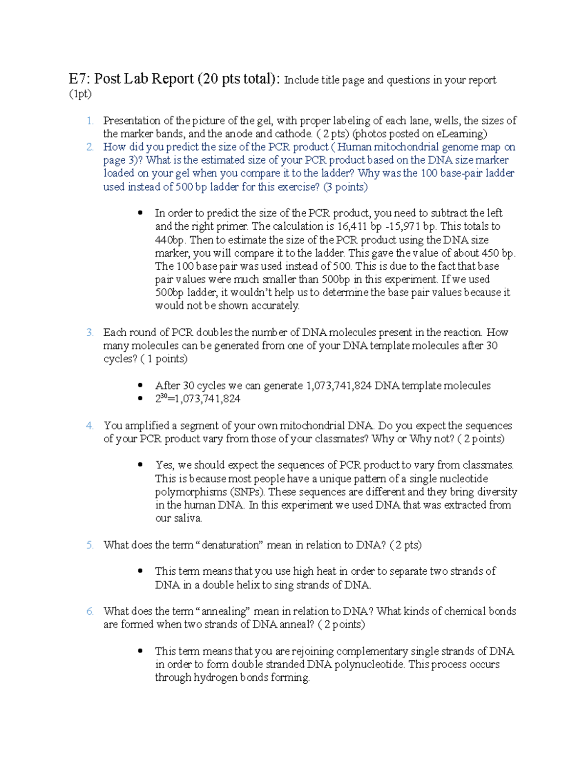 E7 - PCR Lab - PCR LAB - E7: Post Lab Report (20 pts total): Include ...