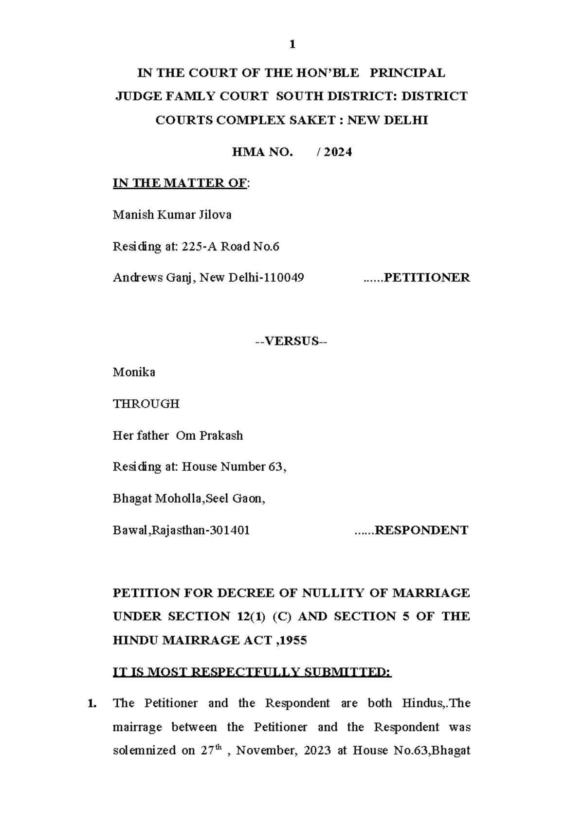 Anullment - IN THE COURT OF THE HON’BLE PRINCIPAL JUDGE FAMLY COURT ...