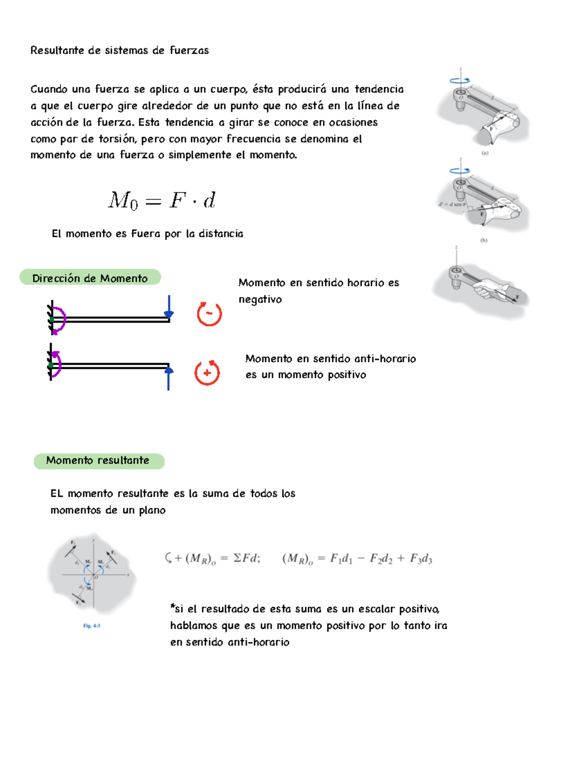 Formulario tema 4 Estatica - I no Resultante de sistemas de fuerzas ...