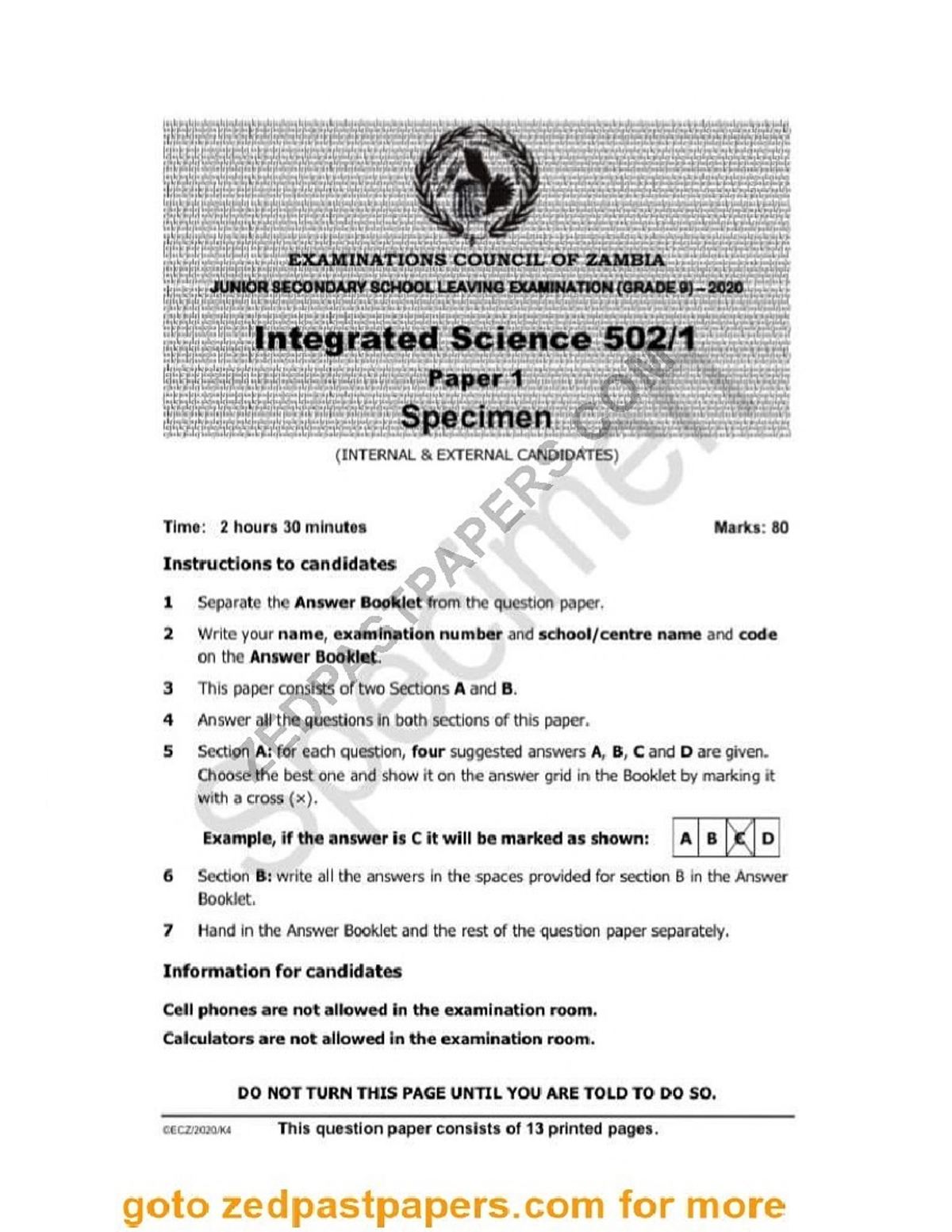 G9 science p1 2020 specimen - Teaching Diploma - Studocu