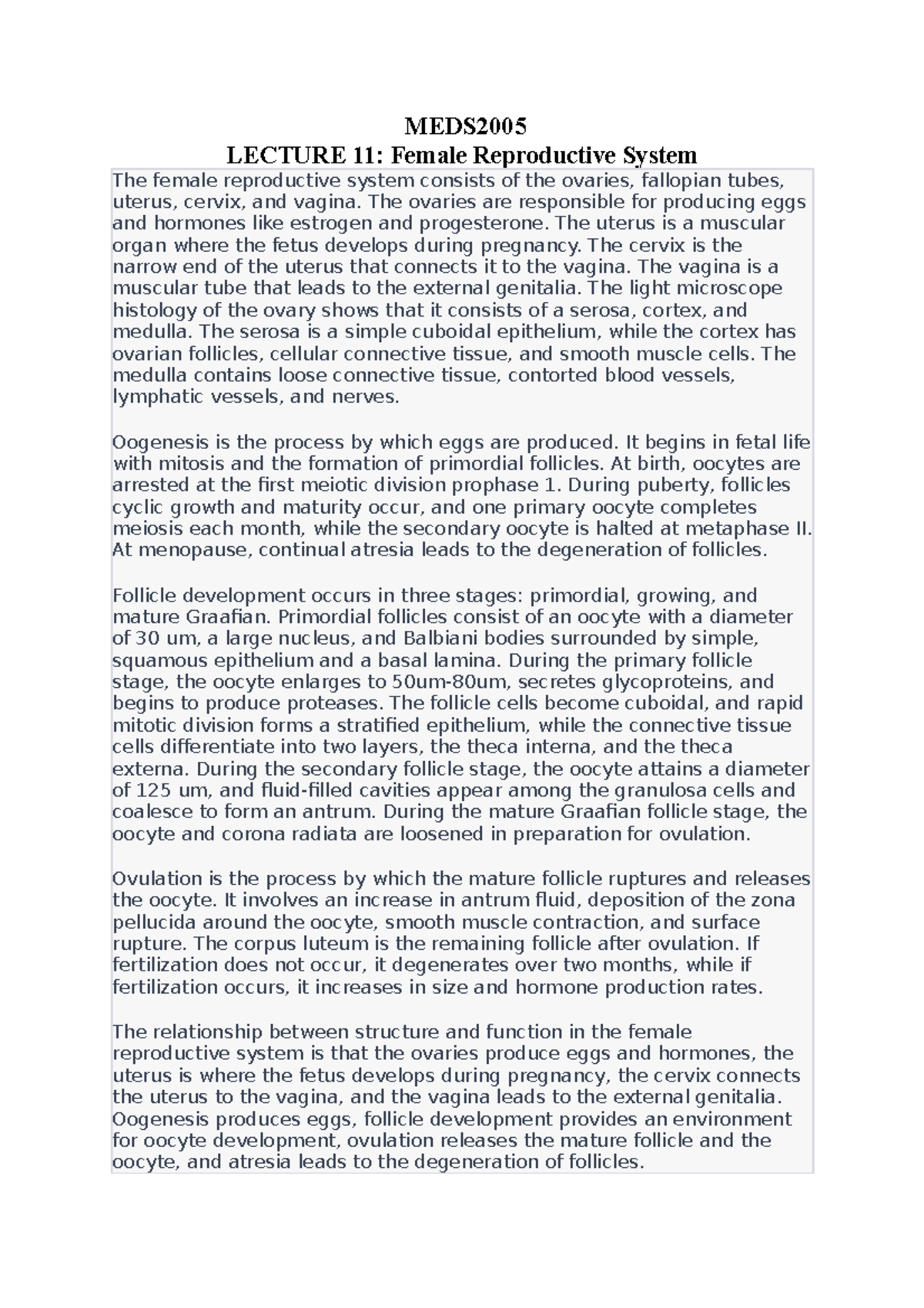 MEDS2005 Lecture 11- Female Reproductive System - MEDS LECTURE 11 ...