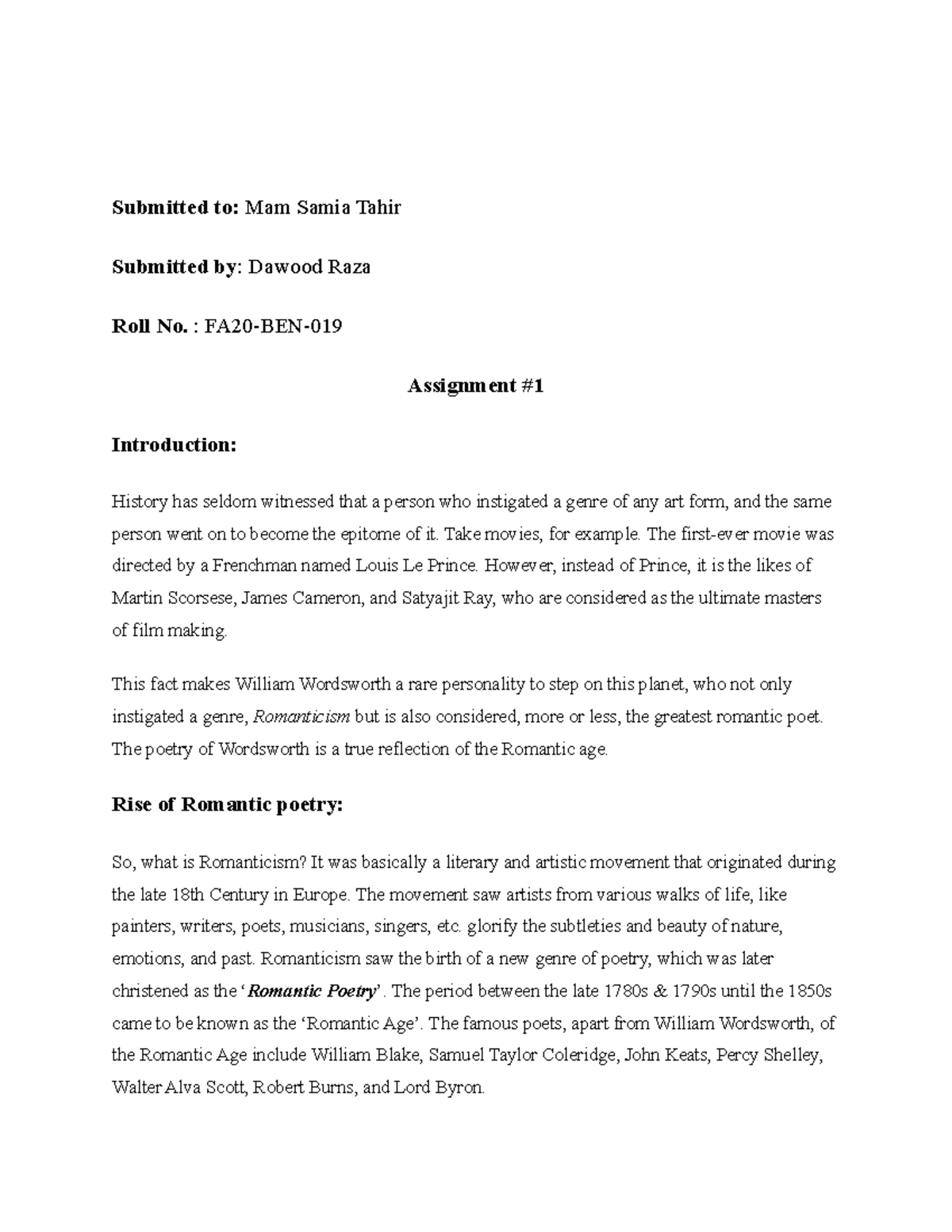 Assignment 1 (Poetry) - Submitted to: Mam Samia Tahir Submitted by ...