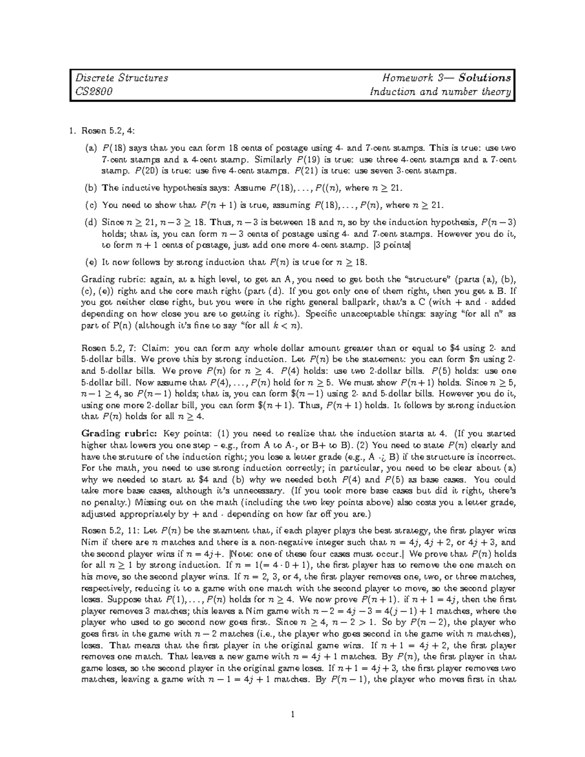2800sol3 - hw3sol - Discrete Structures Homework 3—Solutions CS2800 Induction and number theory ...