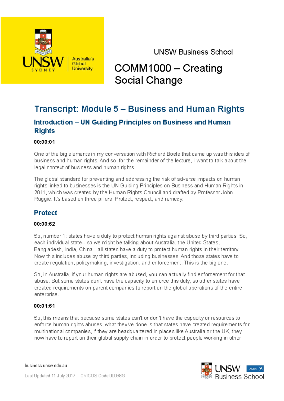 5.3 Businessand Human Rights 1 - UNSW Business School COMM1000 – Creating Social Change ...