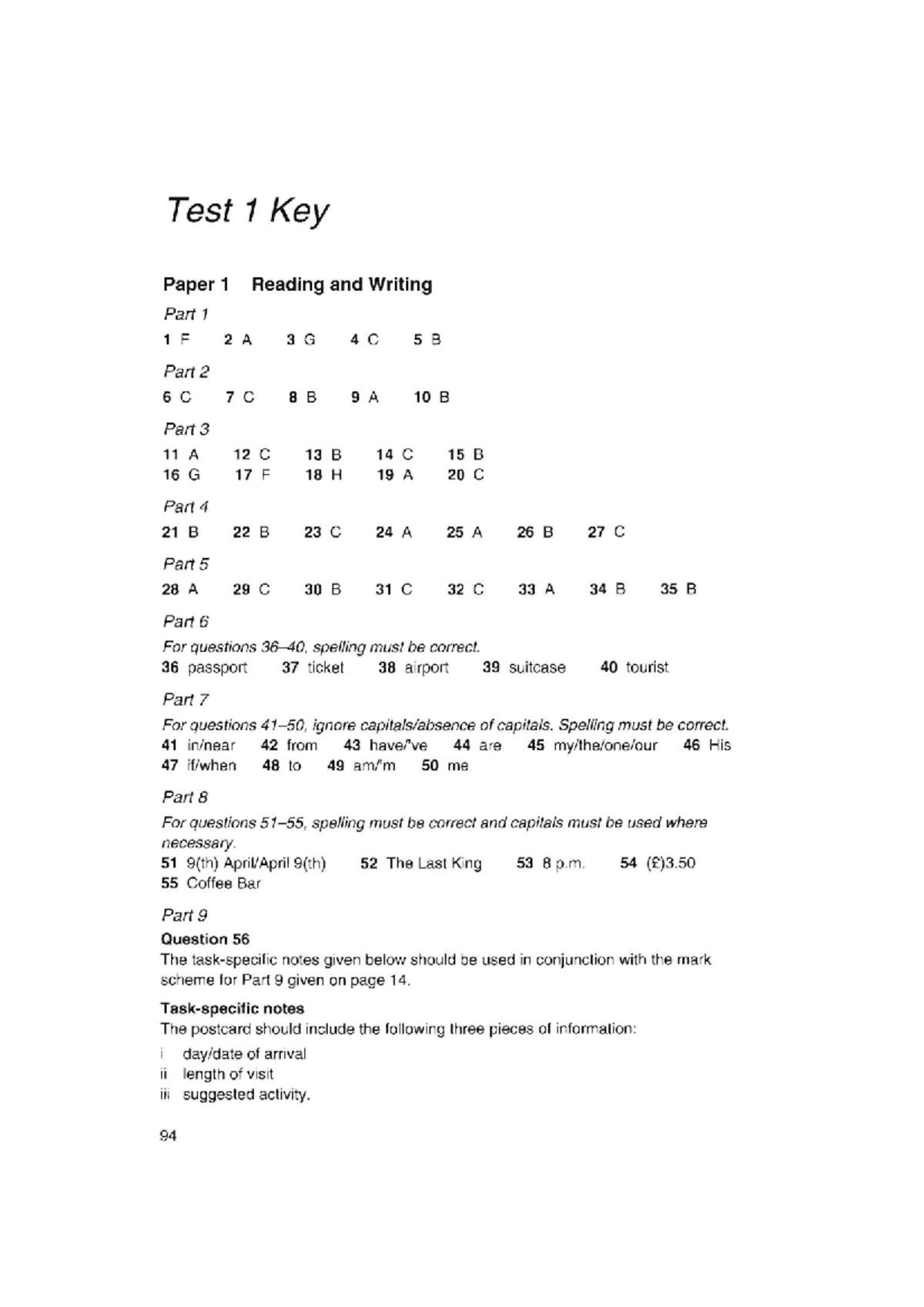 A2 test sample KEY - Tài liệu - Test 1 Key Paper 1 Reading and Writing ...