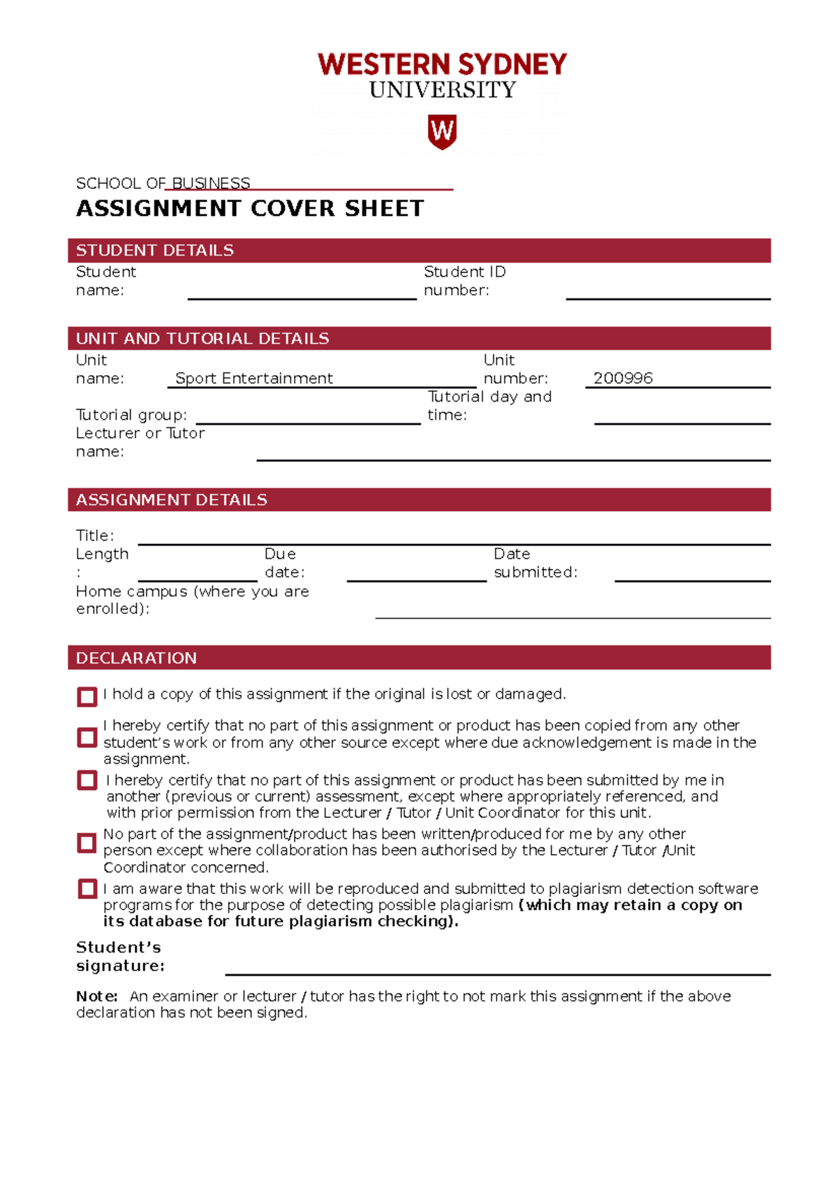Assignment Cover Sheet - SCHOOL OF BUSINESS ASSIGNMENT COVER SHEET ...