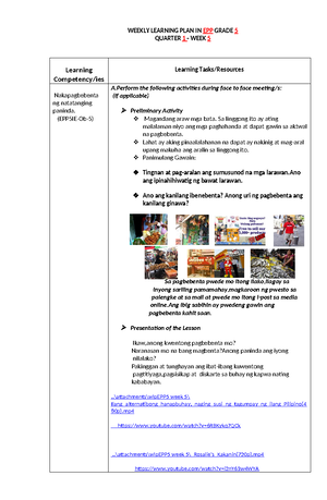 WLP in EPP 5 Q1 Week 1 - Weekly Learning Plan - WEEKLY LEARNING PLAN IN EPP GRADE 5 Quarter: 1 ...