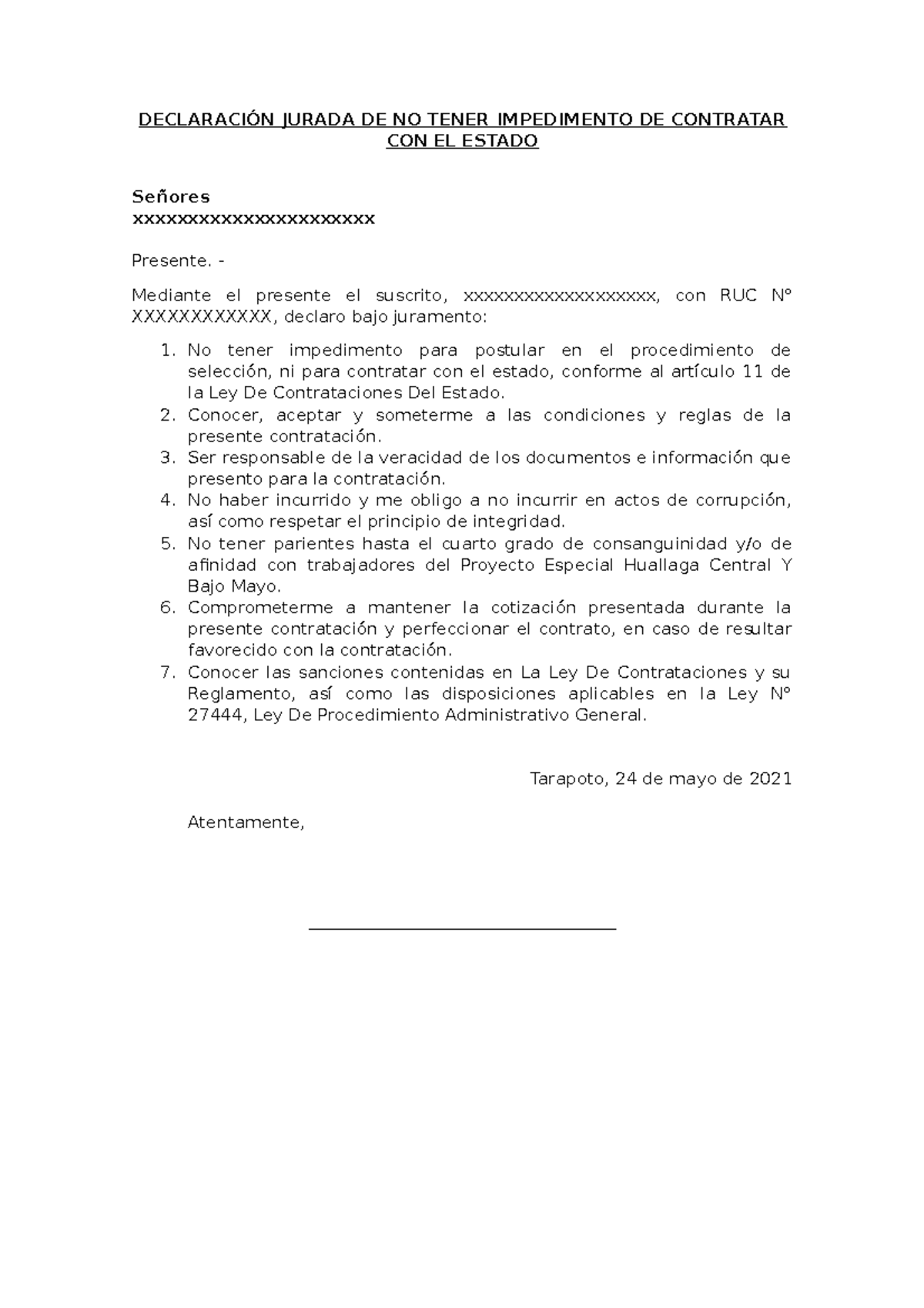 Declaracion Juarada DE NO Estar Impedido - DECLARACIÓN JURADA DE NO ...