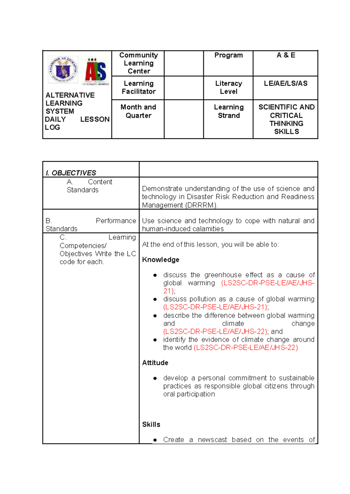 ALS-LP - ALTERNATIVE LEARNING SYSTEM DAILY LESSON LOG Community ...
