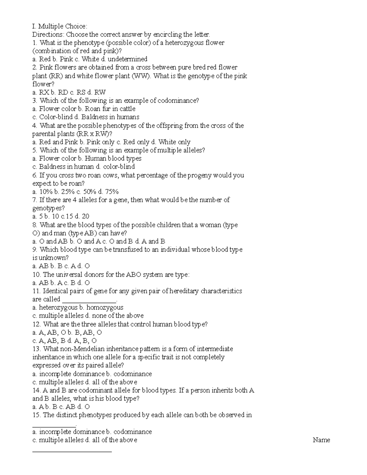14-15 Nonmendelian practice - I. Multiple Choice: Directions: Choose ...