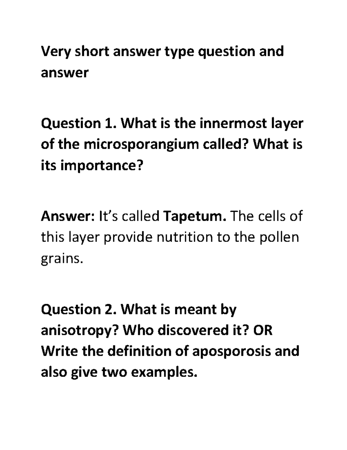 Short Type Questions Nd Answers Very Short Answer Type Question And