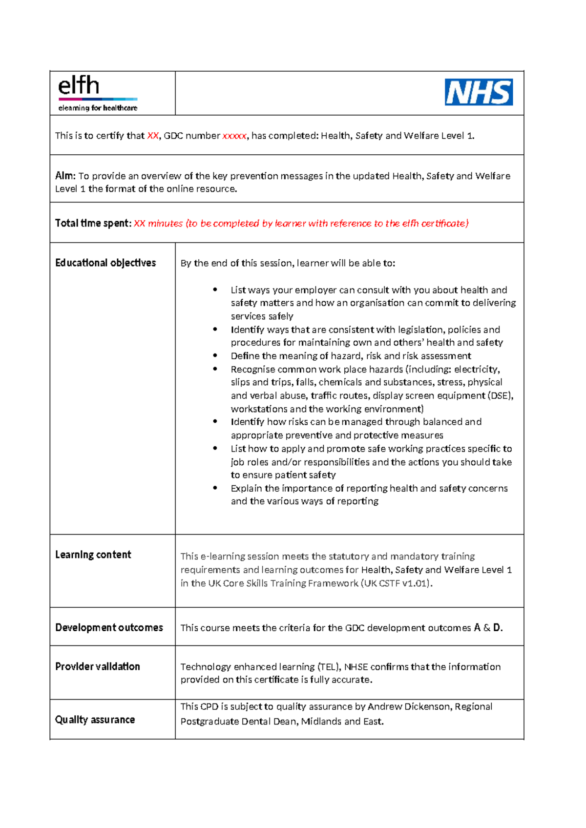 Health, Safety and Welfare Level 1 CPD Form - This is to certify that ...