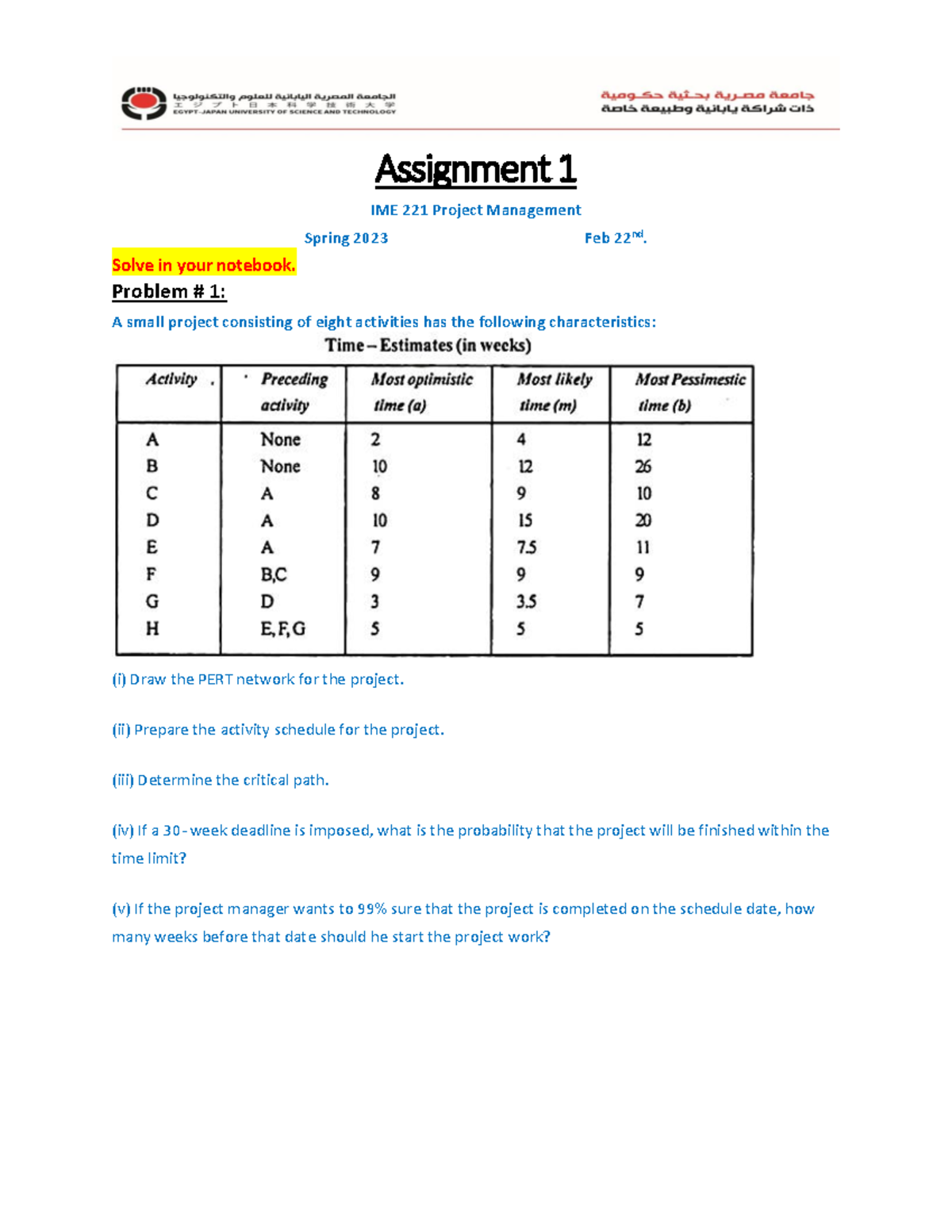 Assignment 1 S23 - Assignment 1 IME 221 Project Management Spring 2023 Feb 22nd. Solve in your ...