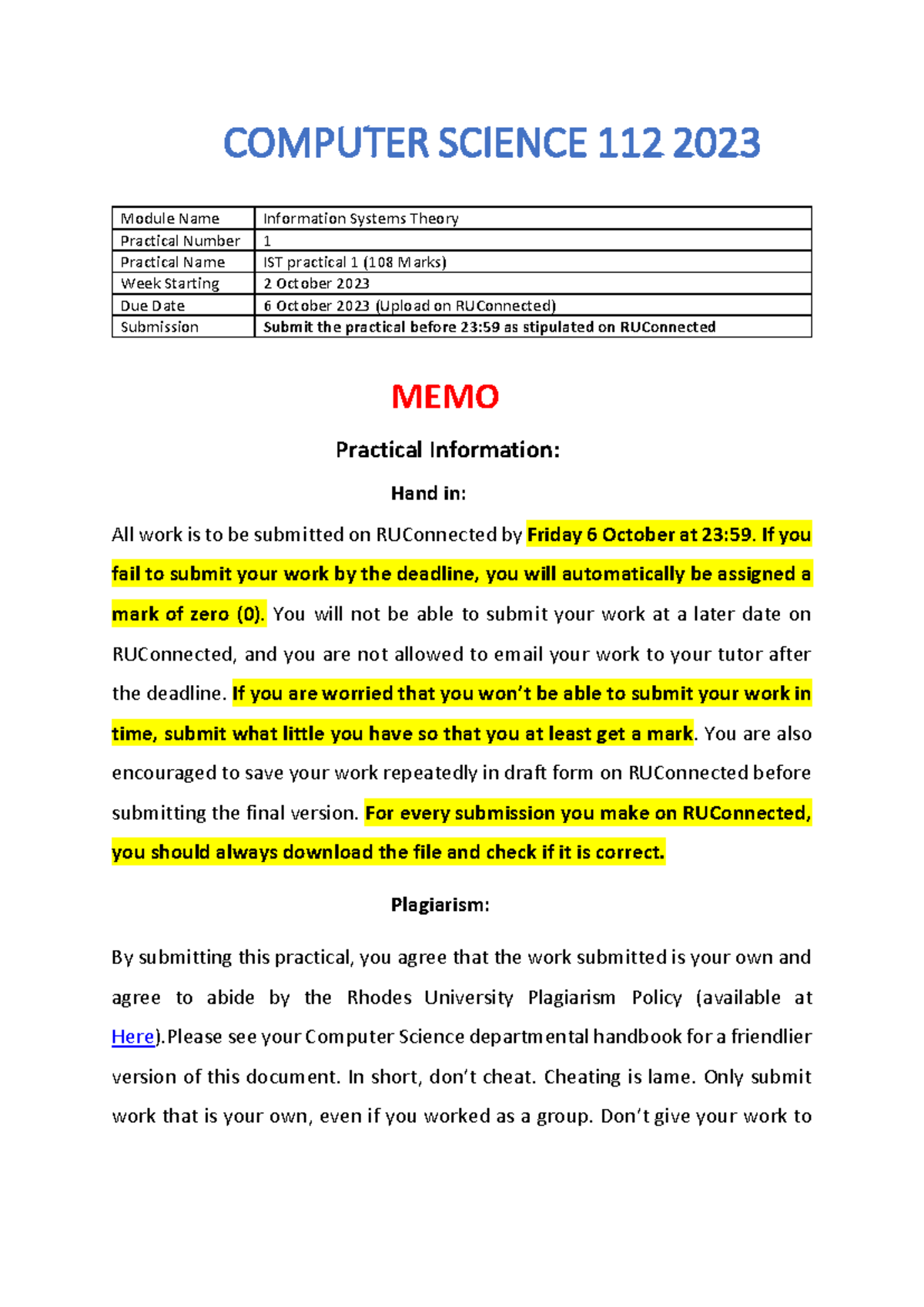 IST Practical 1 - Memo - COMPUTER SCIENCE 112 2023 Module Name Information Systems Theory ...