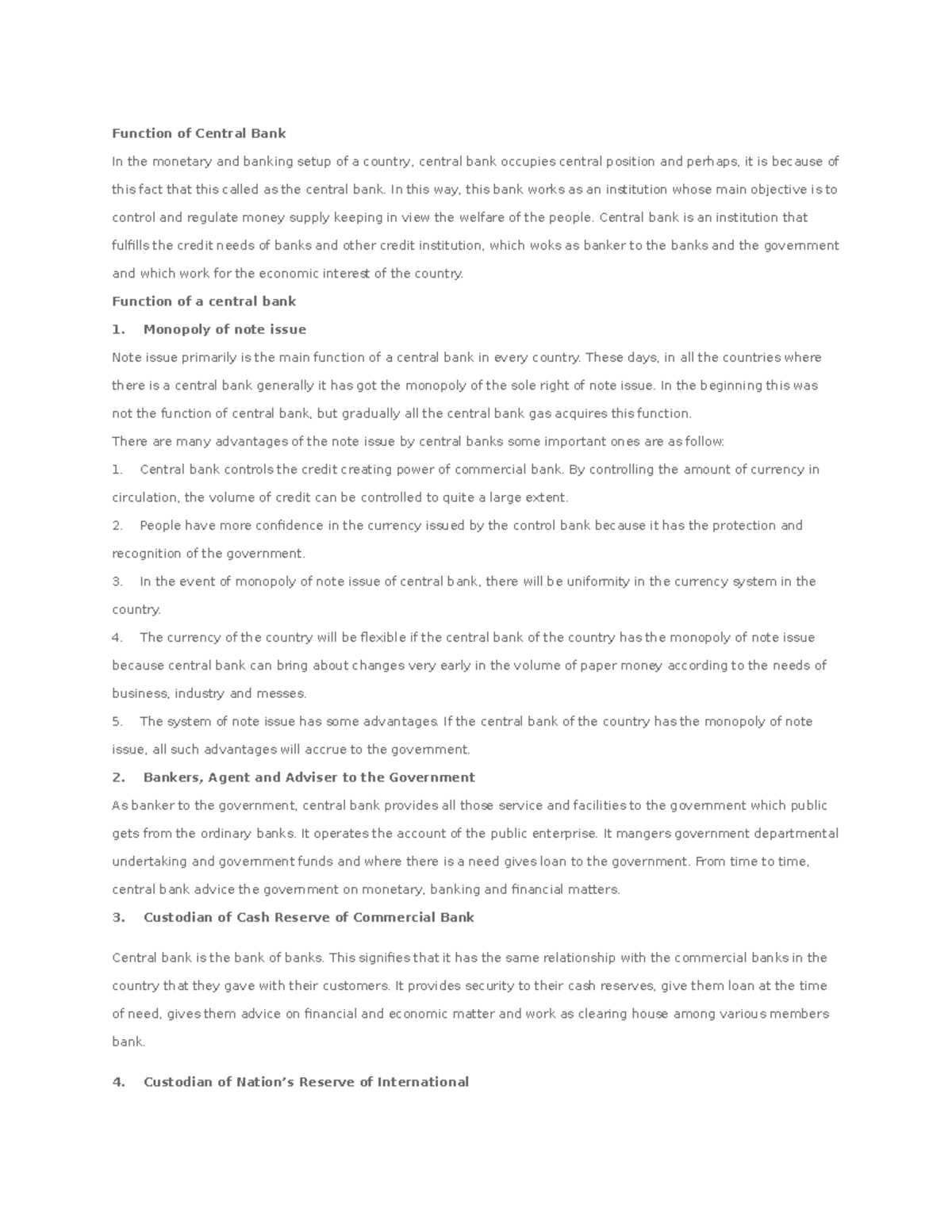 Central bank - Lecture notes 4 - Function of Central Bank In the ...