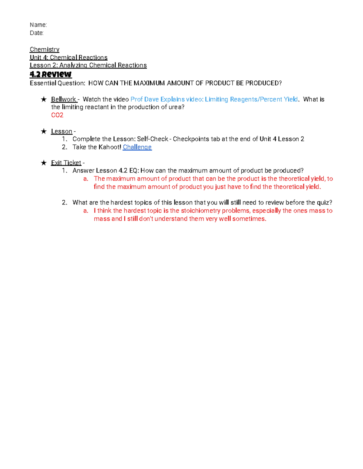 4.2 Review - Name: Date: Chemistry Unit 4: Chemical Reactions Lesson 2 ...