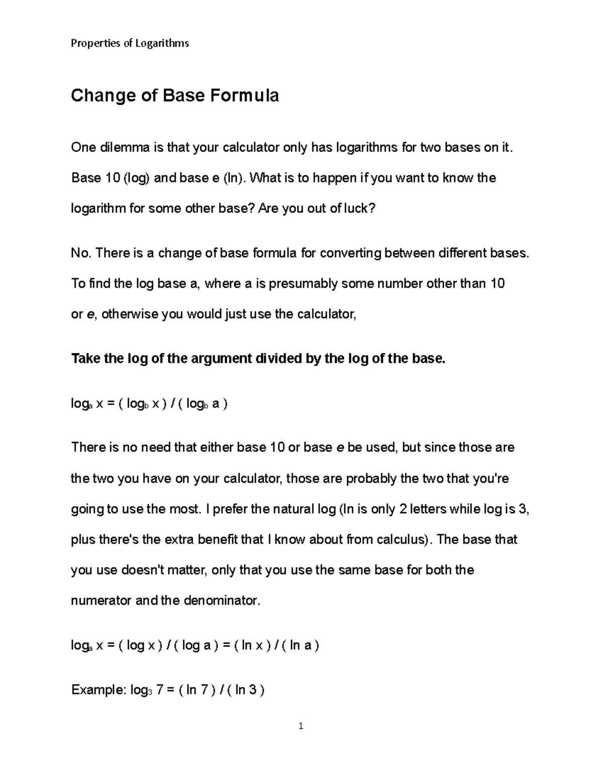 2021 - Algebra - Lecture Notes - Properties of Logarithms - Change of ...