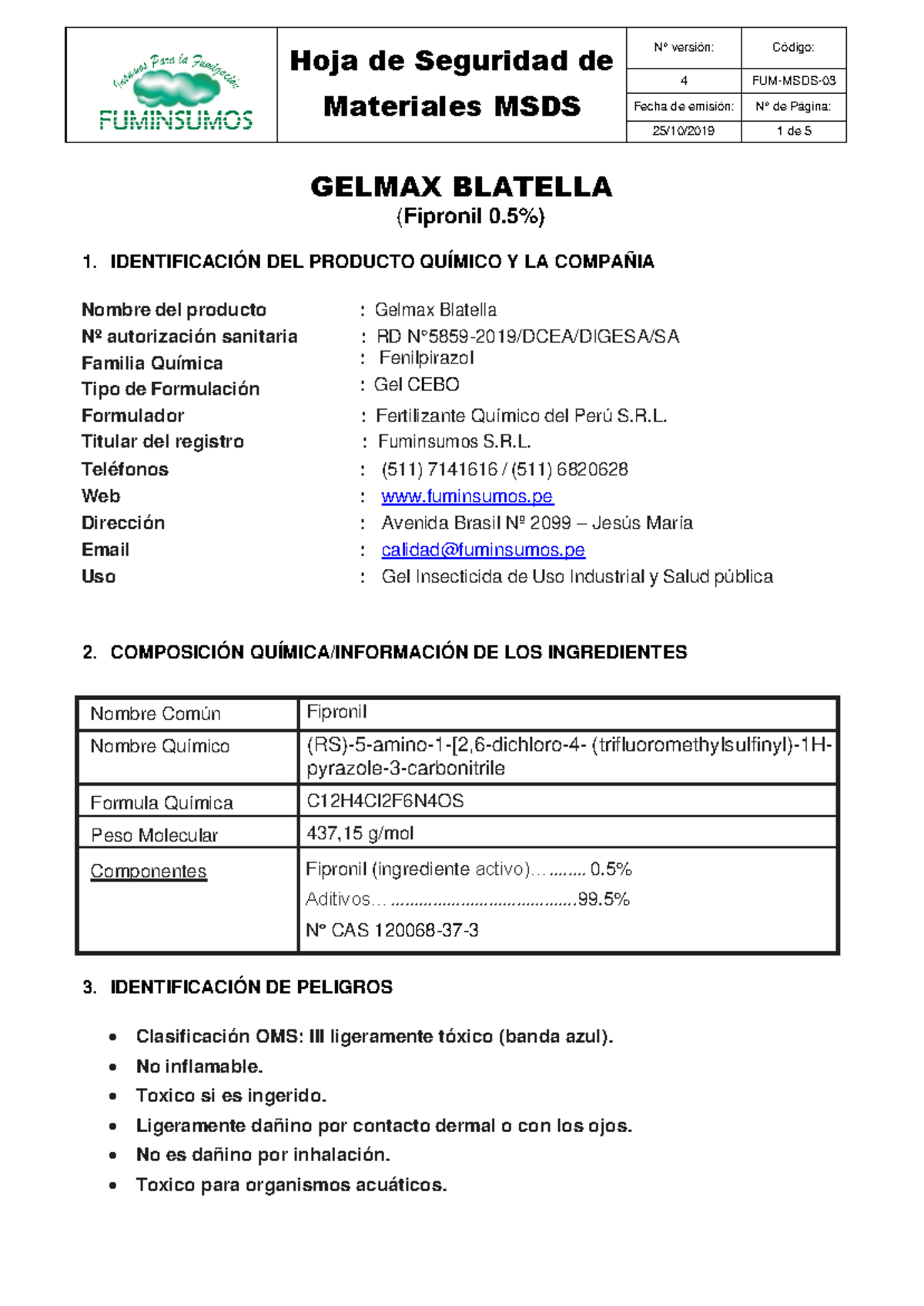 1 Gelmax Blatella 0.5 - MSDS - Hoja de Seguridad de Materiales MSDS 4 ...