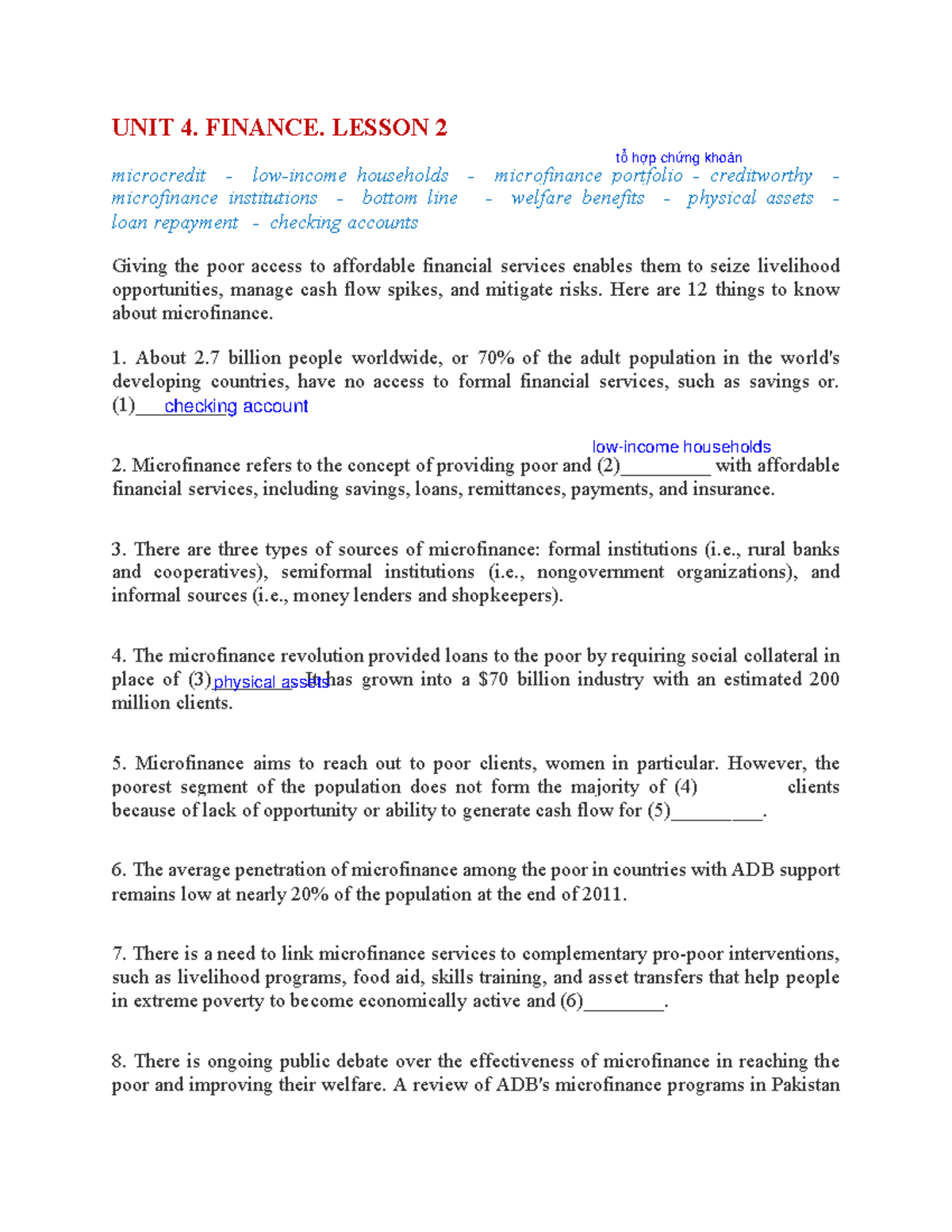 UNIT 4 Finance Lesson 2 - TACN1 - UNIT 4. FINANCE. LESSON 2 microcredit ...