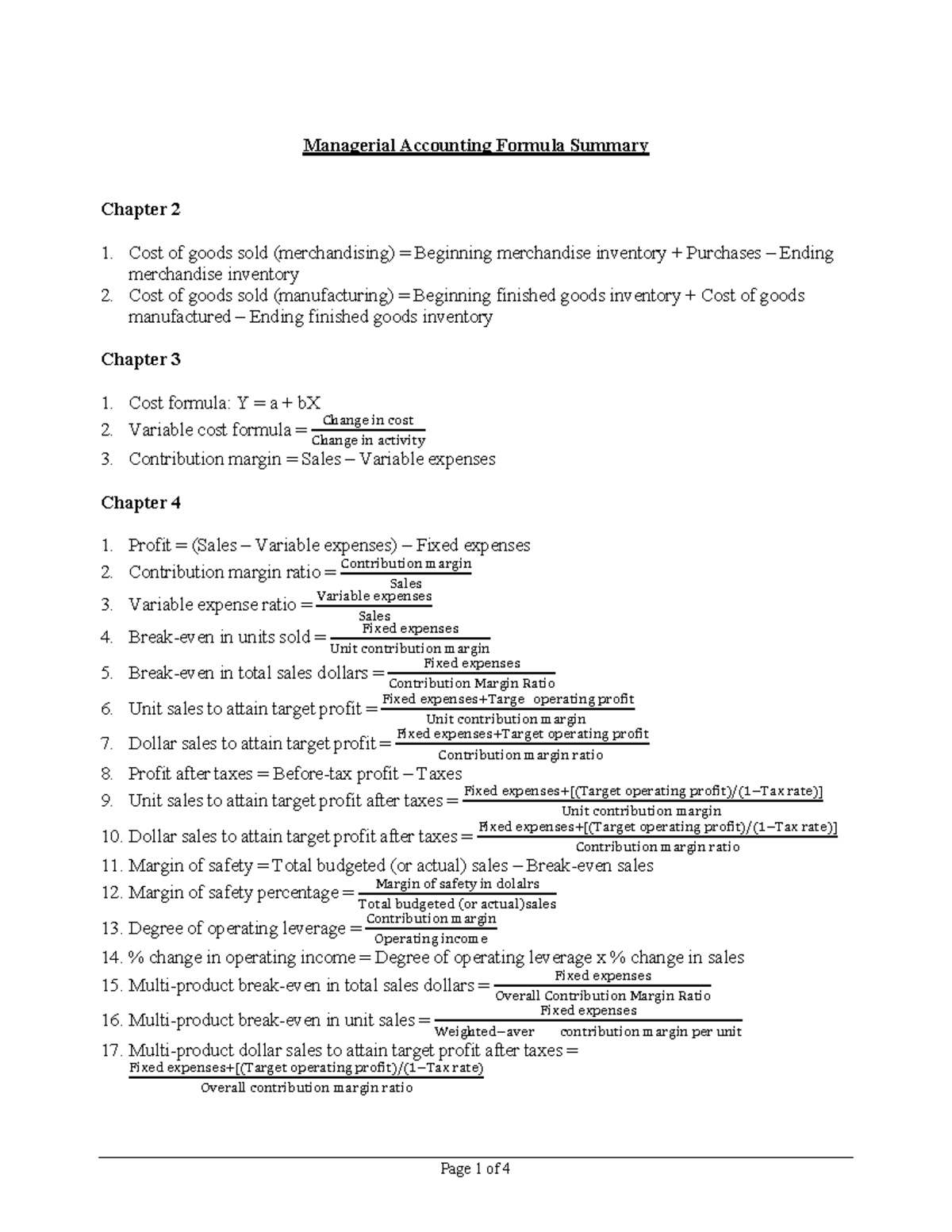 Accountingformulas - All accounting formulas in second year accounting - Managerial Accounting ...
