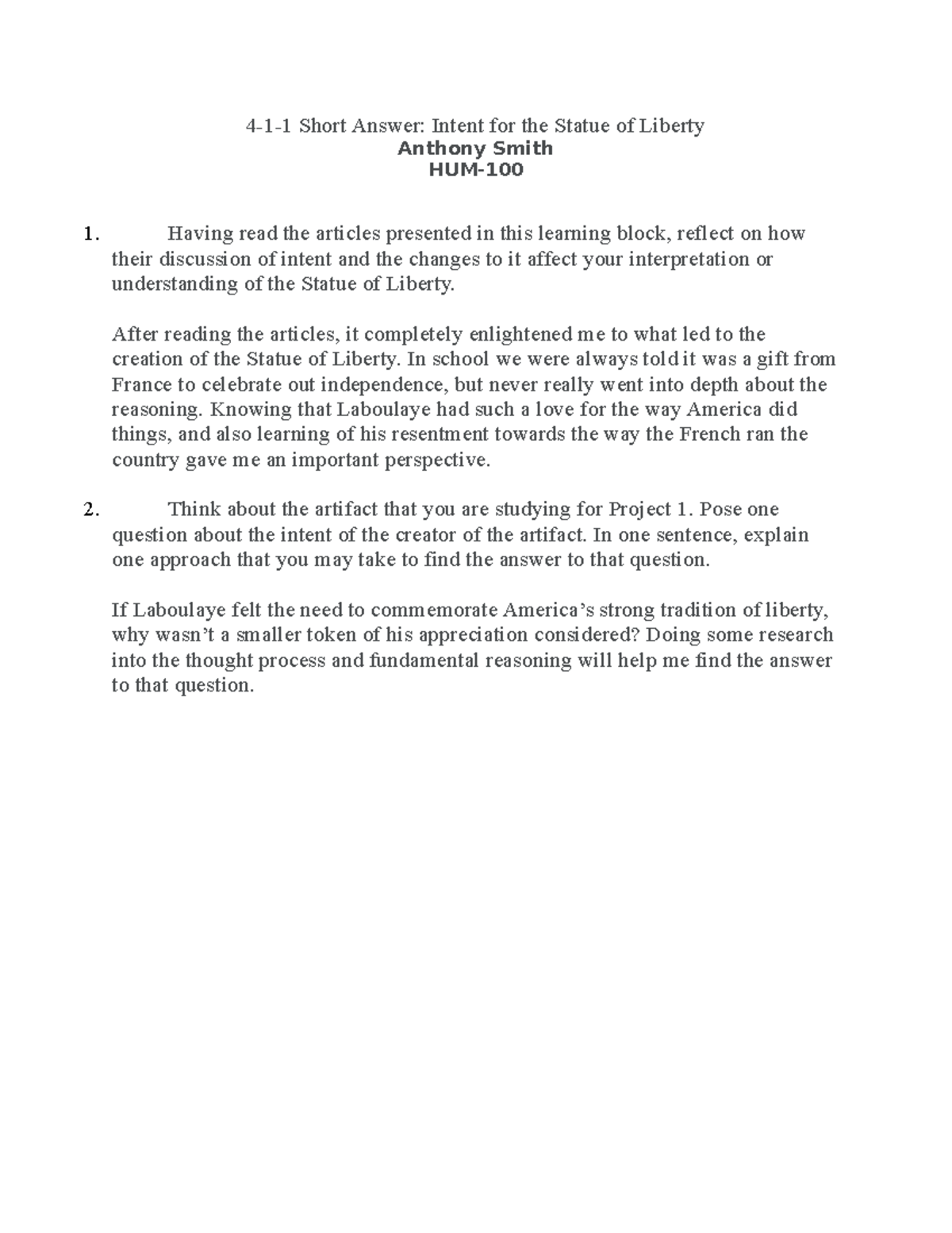 4-1-1 Short Answer HUM-100 A - 4 - 1 - 1 Short Answer: Intent for the ...