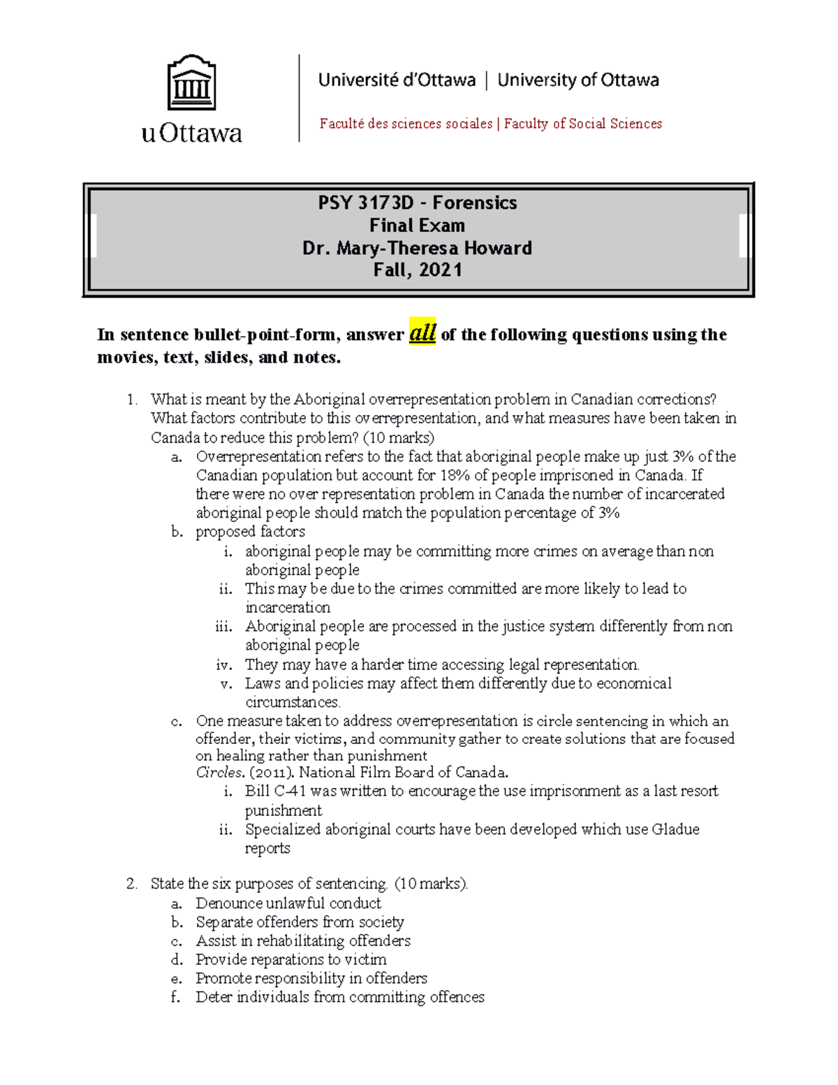3173 final fall 2021 completed - PSY 3173D – Forensics Final Exam Dr ...
