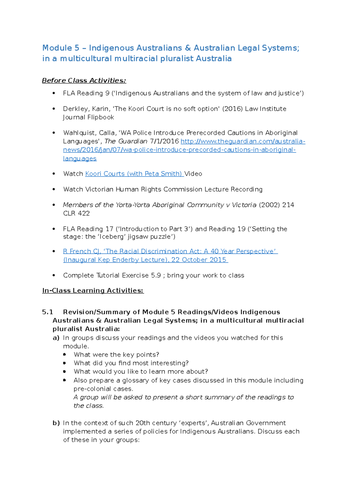 Module 5.Learning Activities - Module 5 – Indigenous Australians ...