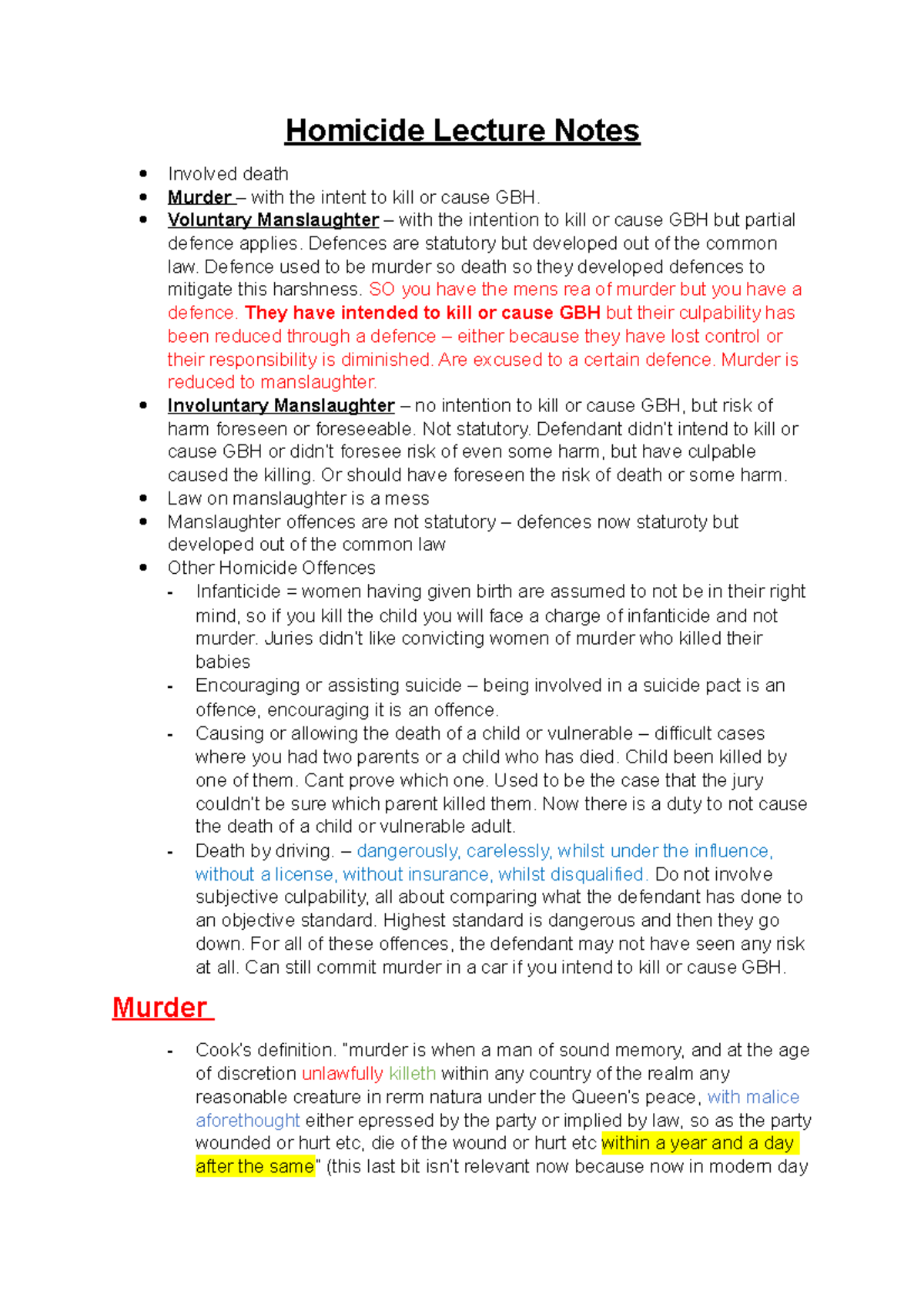 Homicide Lecture Notes - Homicide Lecture Notes Involved death Murder ...