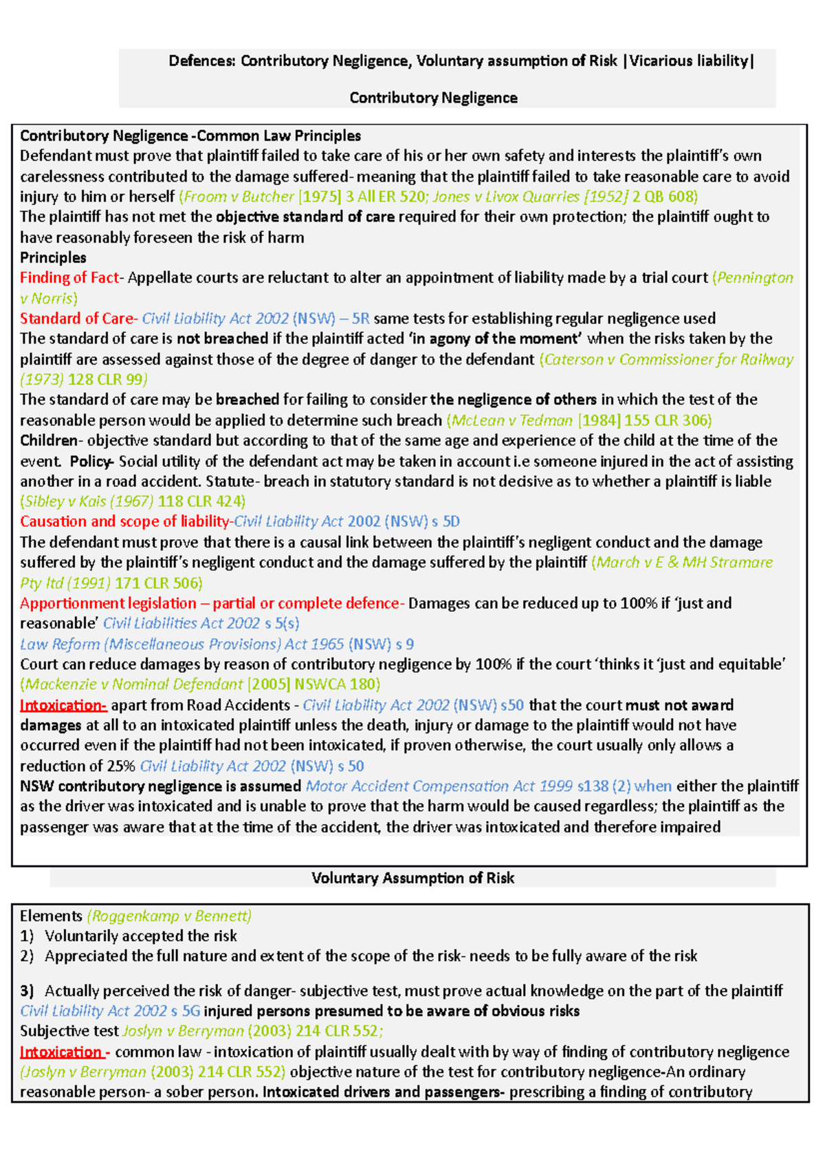 Handout TORT 1 - Defences - Defences: Contributory Negligence ...