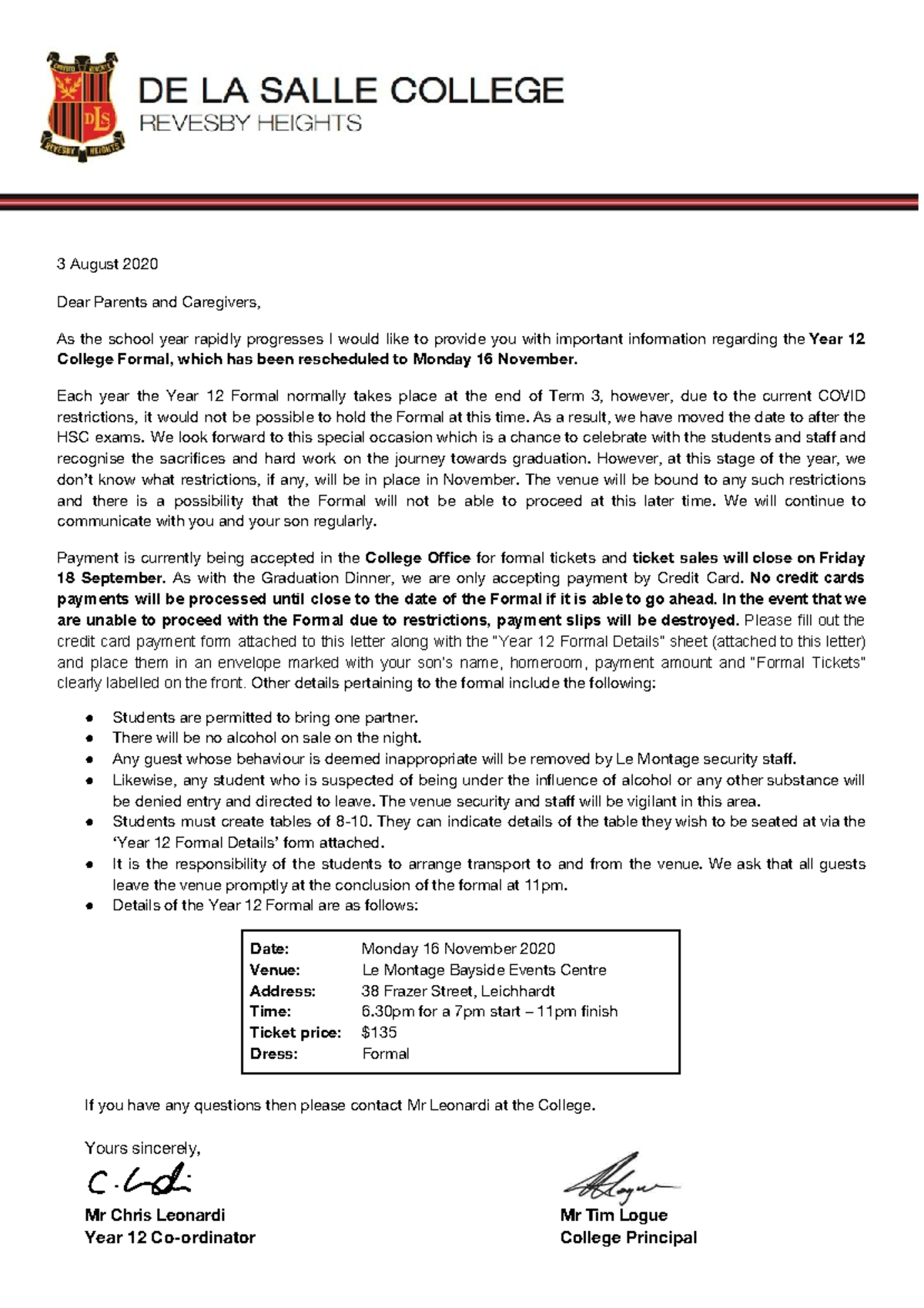 Year 12 Formal Letter 2020 - 3 August 2020 Dear Parents and Caregivers ...