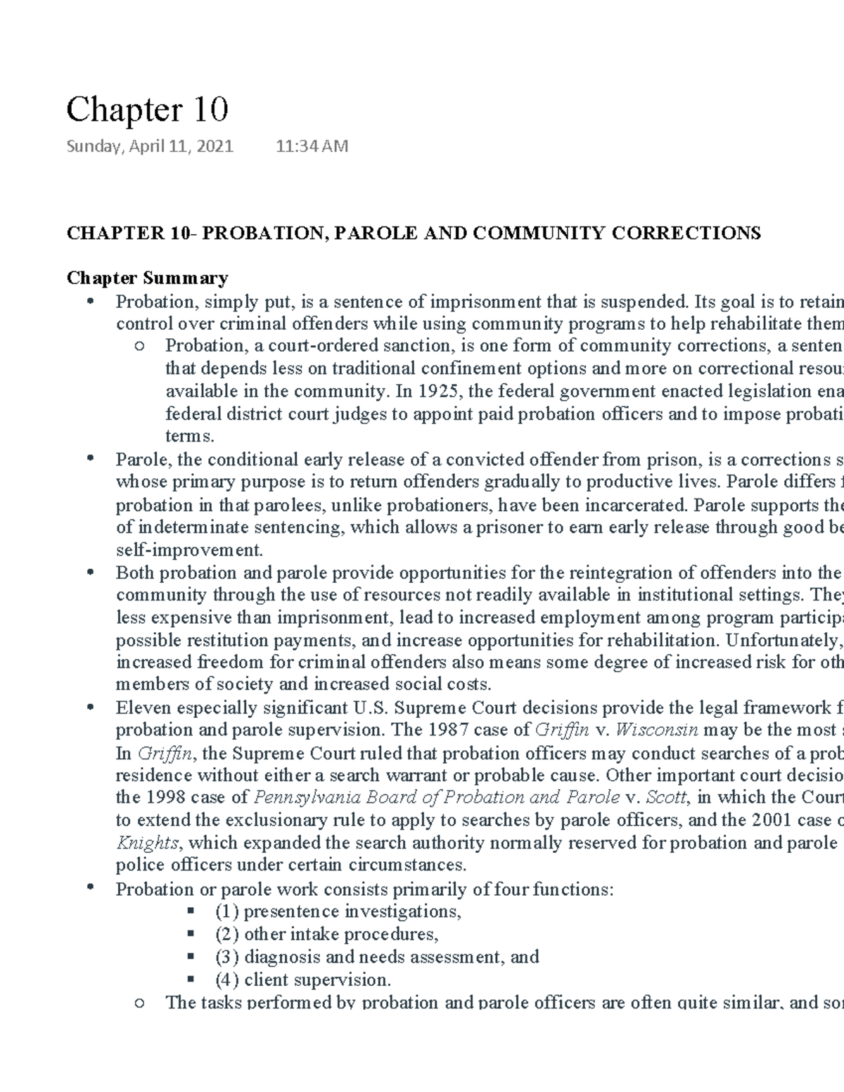 Chapter 10 - Lecture notes 10 - CHAPTER 10- PROBATION, PAROLE AND ...