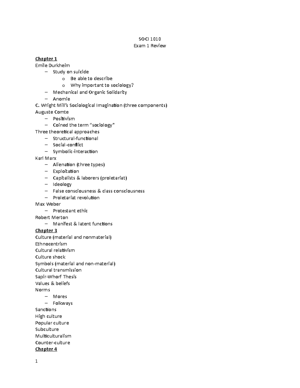 1010 EXAM 1 Review F19 - SOCI 1010 Exam 1 Review Chapter 1 Emile ...